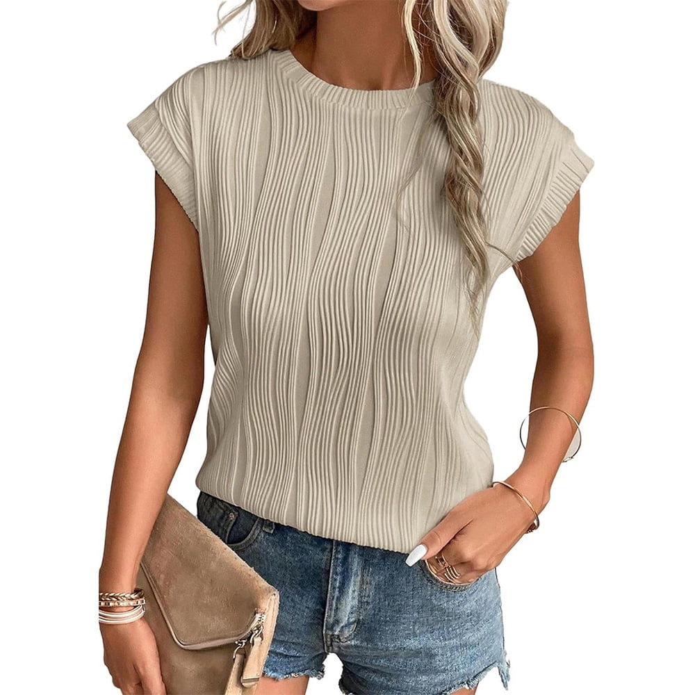 Womens Short Sleeve Textured Tops Crewneck Knit Solid Loose Casual ...