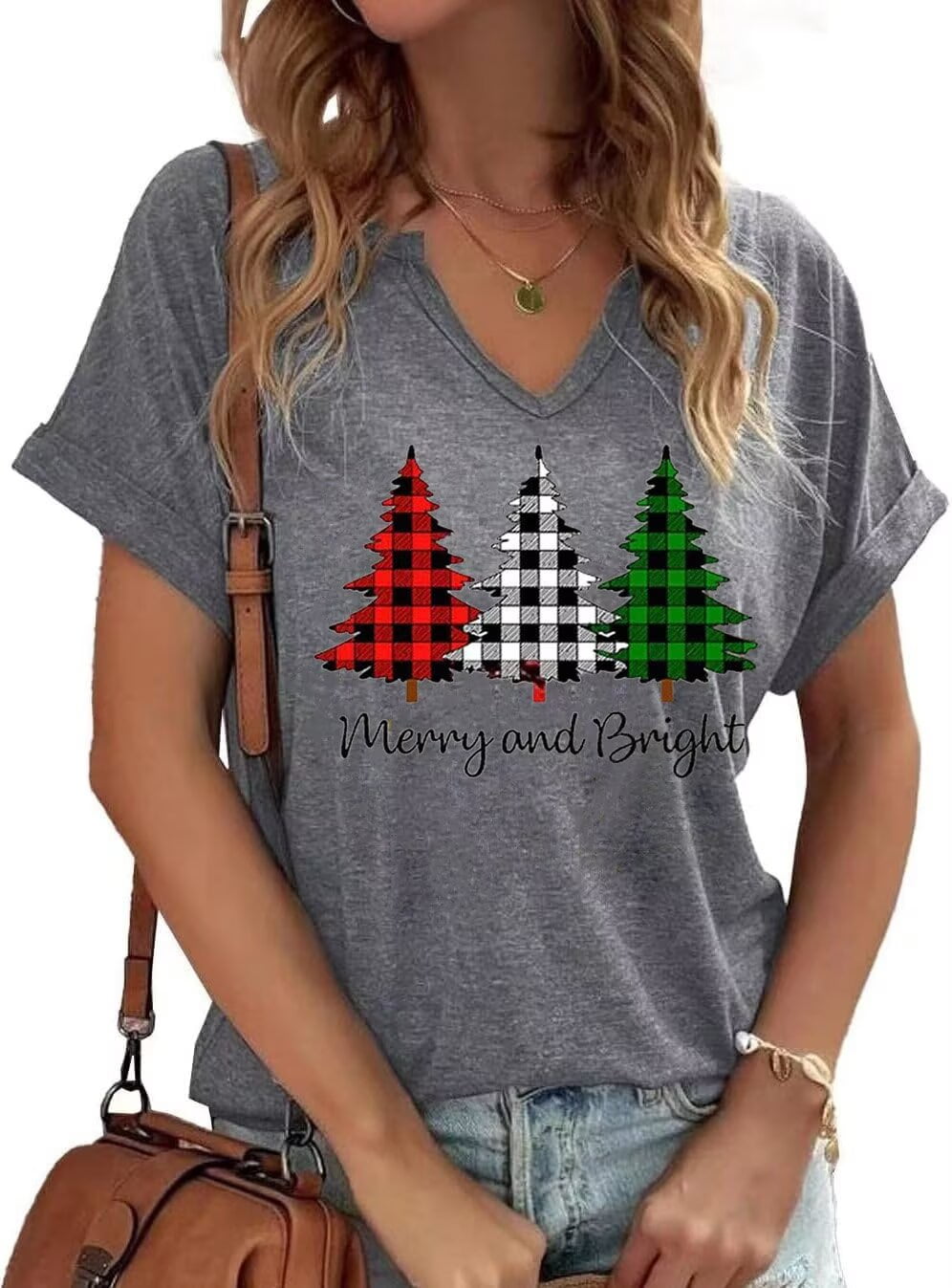 Womens Short Sleeve V Neck T-Shirts Merry Bright Christmas Tree Graphic ...