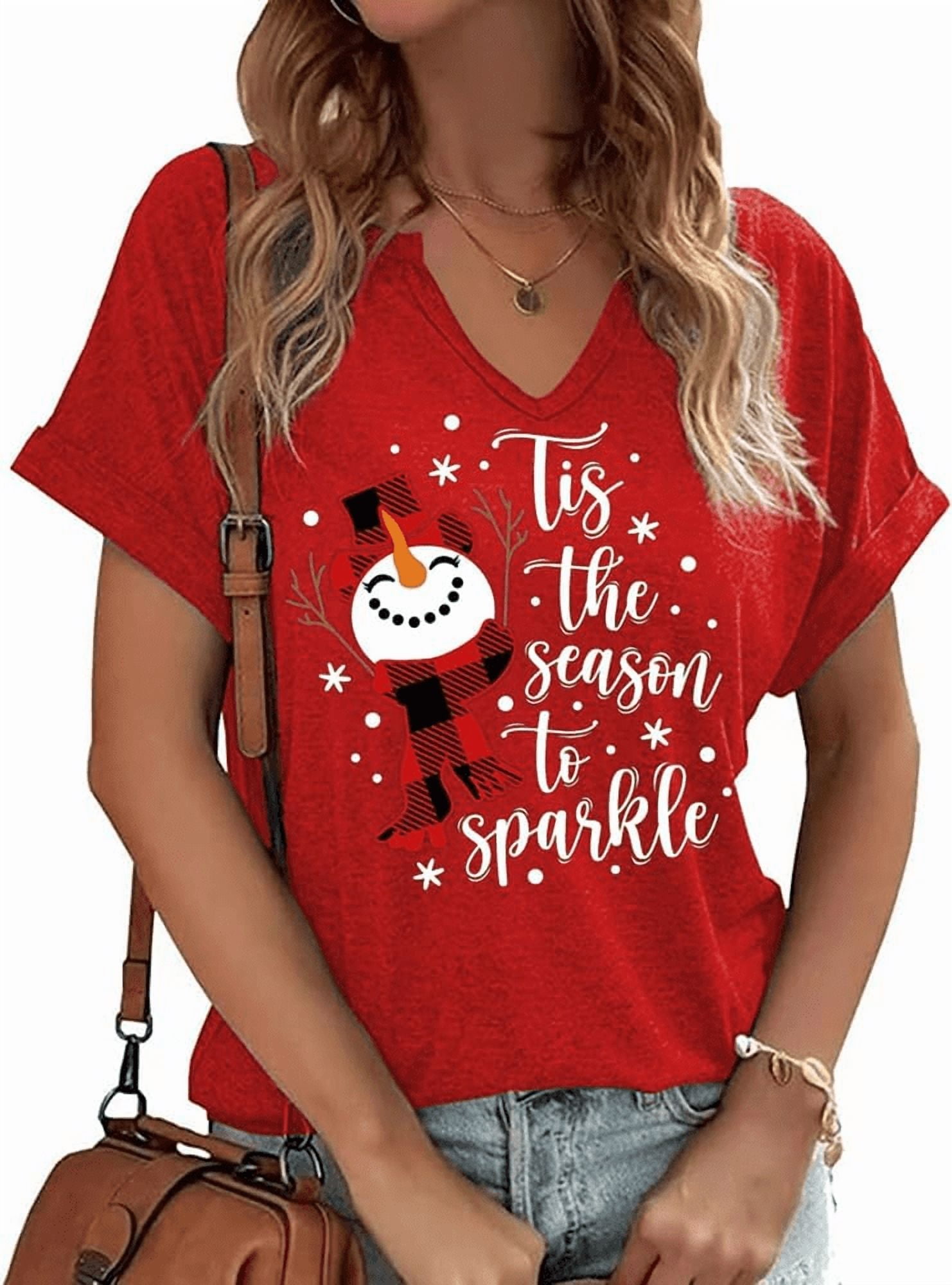 Womens Short Sleeve V Neck T-Shirts Merry Bright Christmas Tree Graphic ...