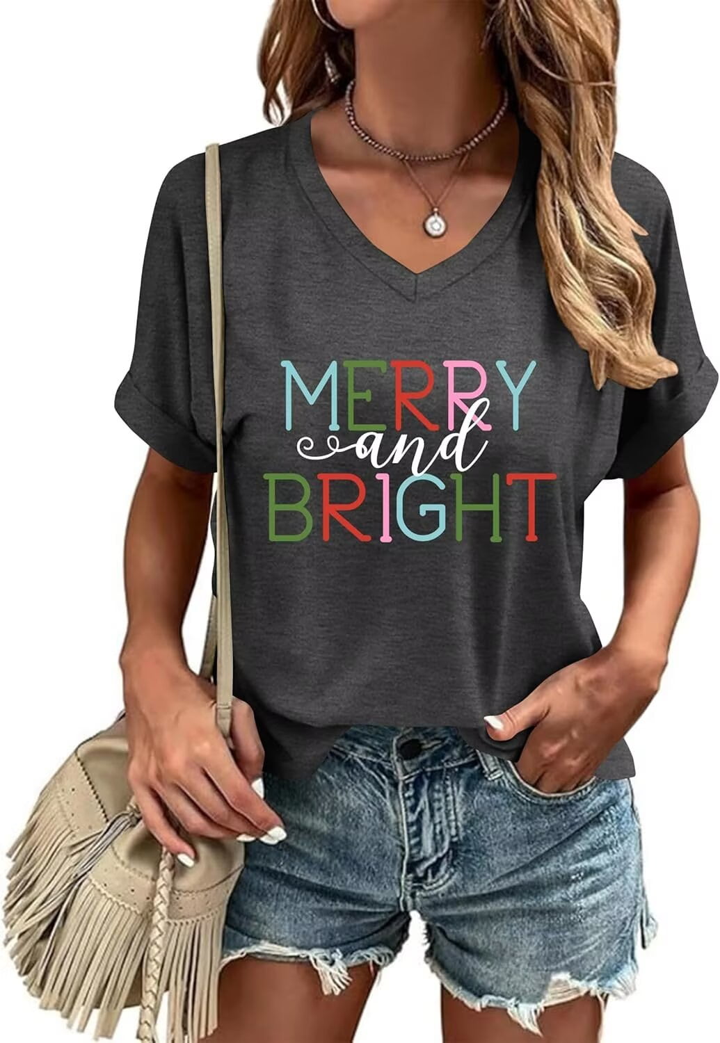 Womens Short Sleeve V Neck T-Shirts Merry Christmas Shirts Merry and ...
