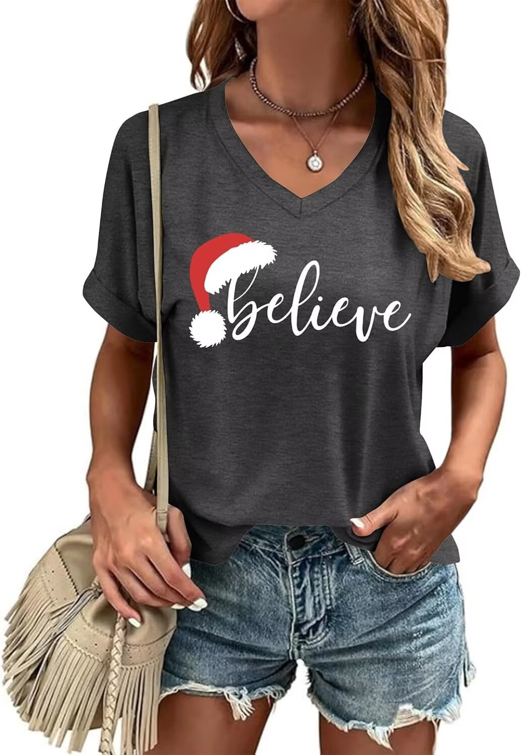 Womens Short Sleeve V Neck T-Shirts Merry Christmas Shirts Merry and ...