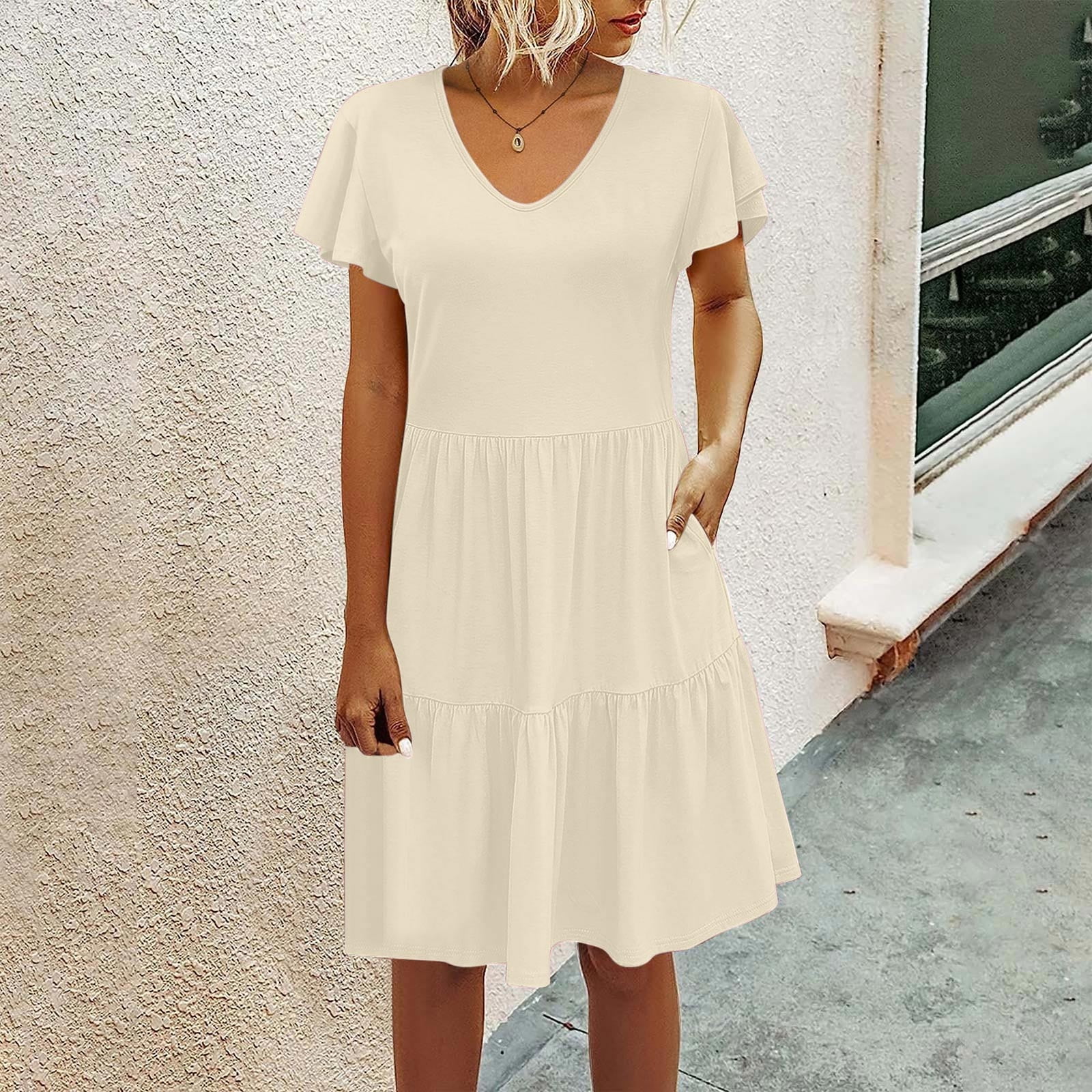 Womens Short Tiered Dress ,Summer Ruffle Dress for Women Short Sleeve Dress, V Neck Loose Fit ...