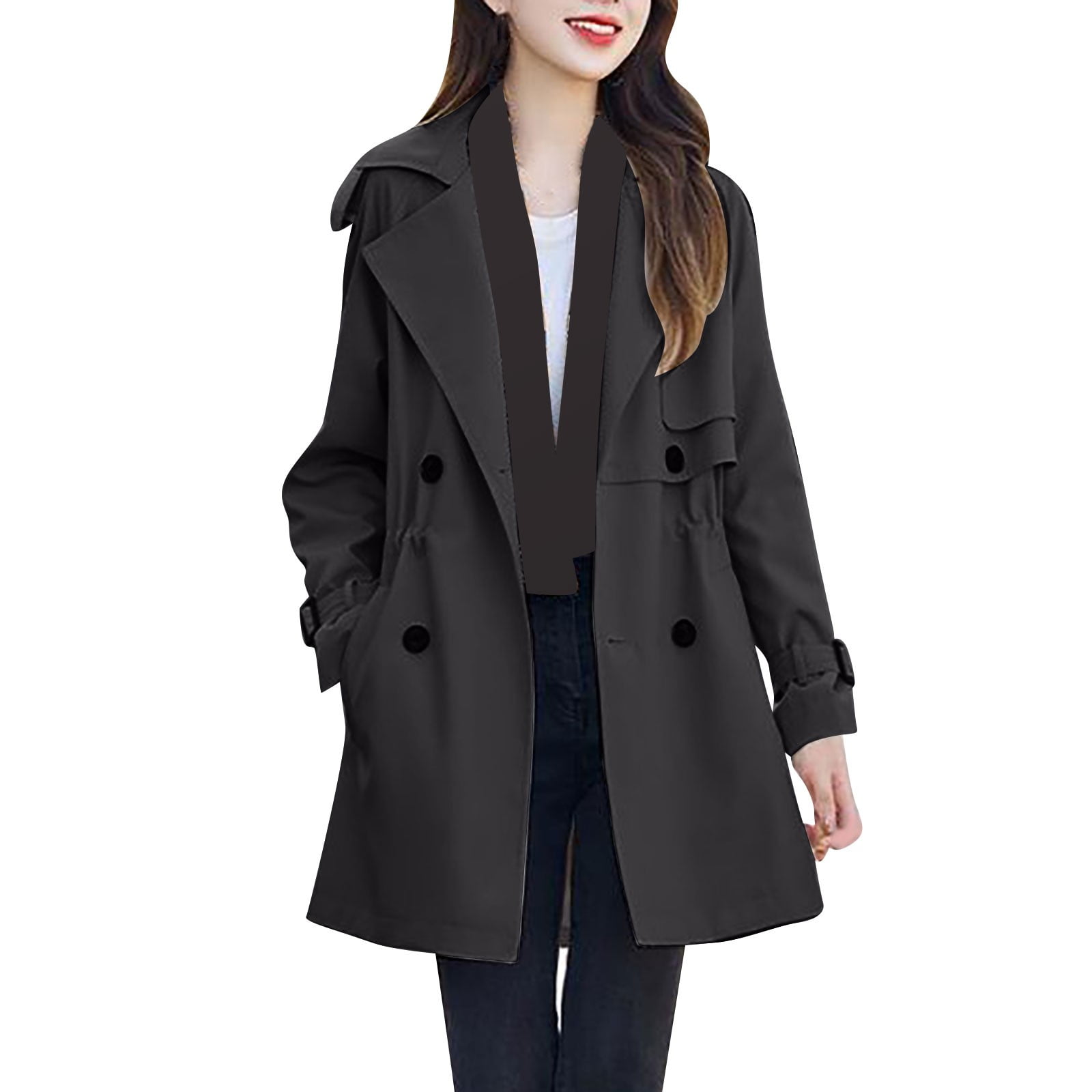 Womens Short Trench Coats with Pockets Elegant Collared Double-Breasted ...