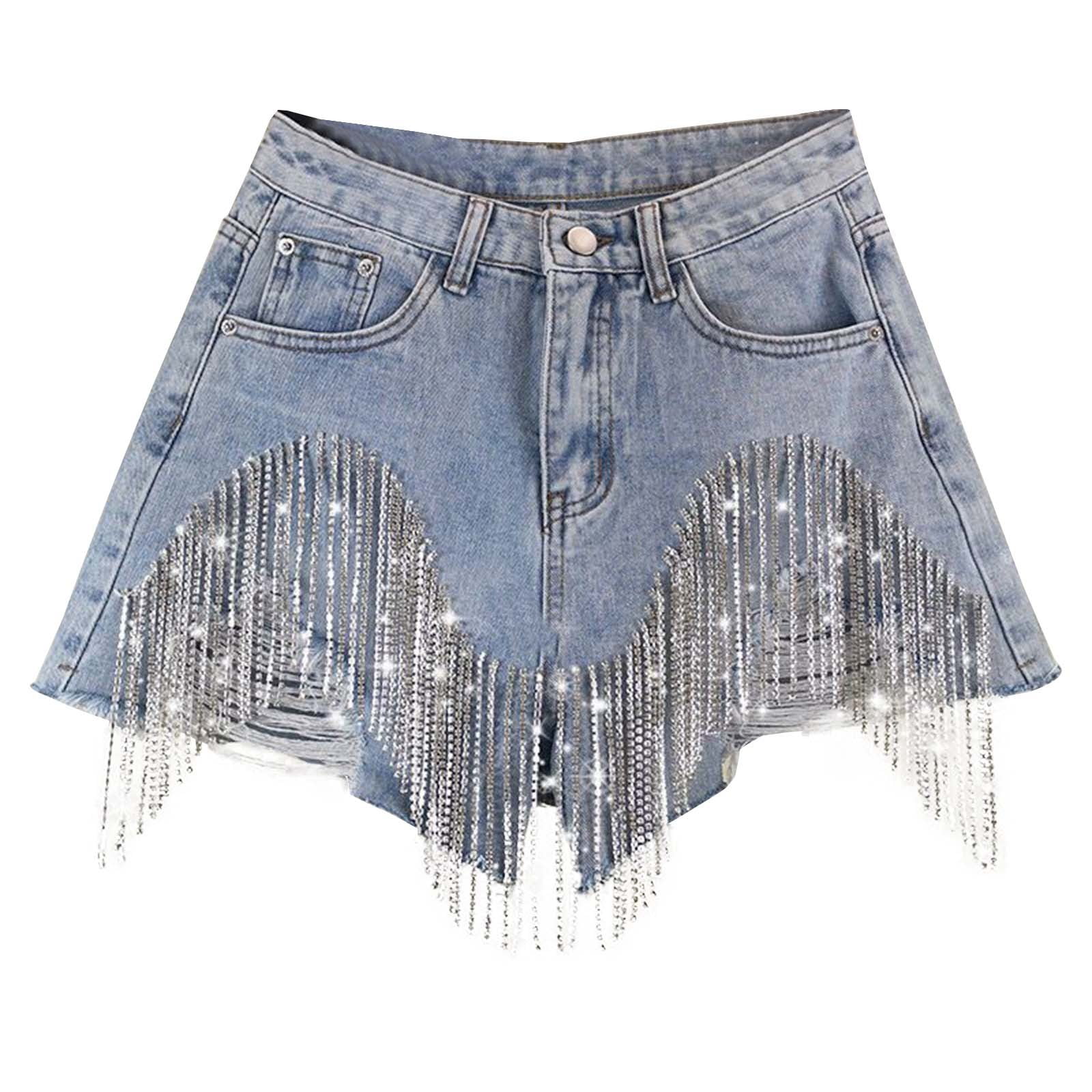 Womens Shorts Casual Diamond Tassel Chain Design Denim Shorts Solid ...