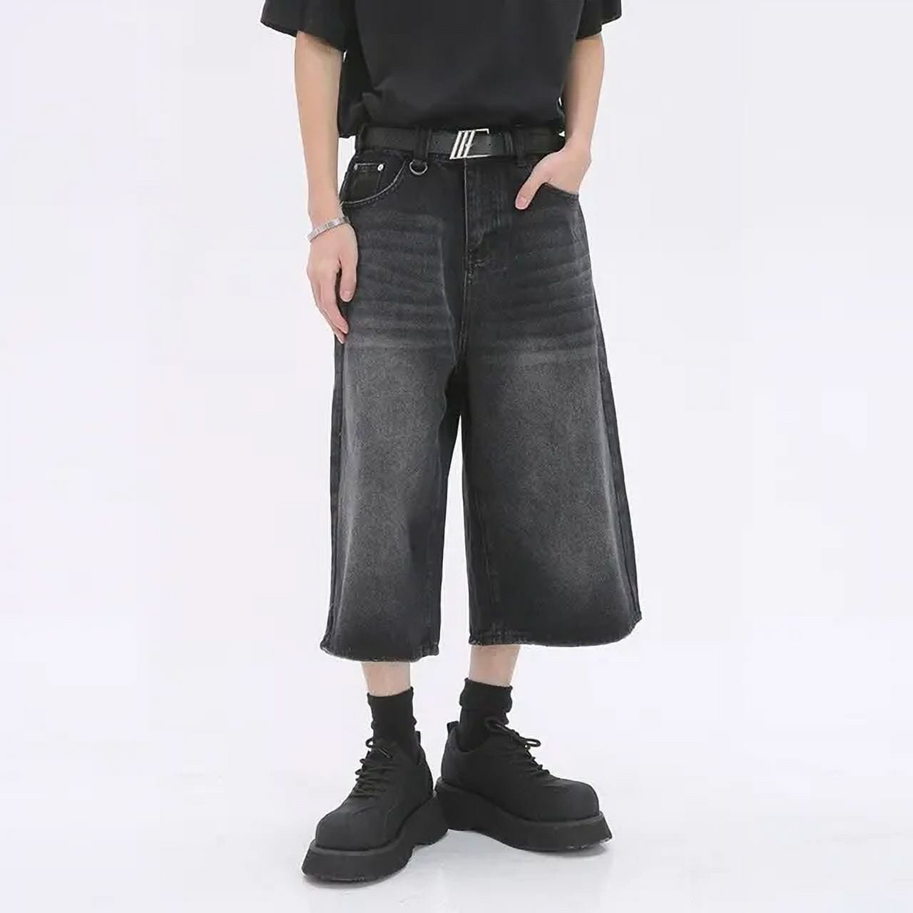 Womens Shorts Retro Large Size Denim Shorts Unisex Style Wide Leg Capris Vintage Street Summer