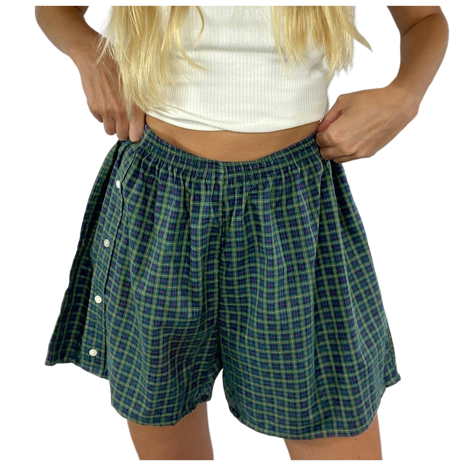 Womens Shorts Shorts Cute Soft Plaid Print Button Pajama Bottoms Shorts ...