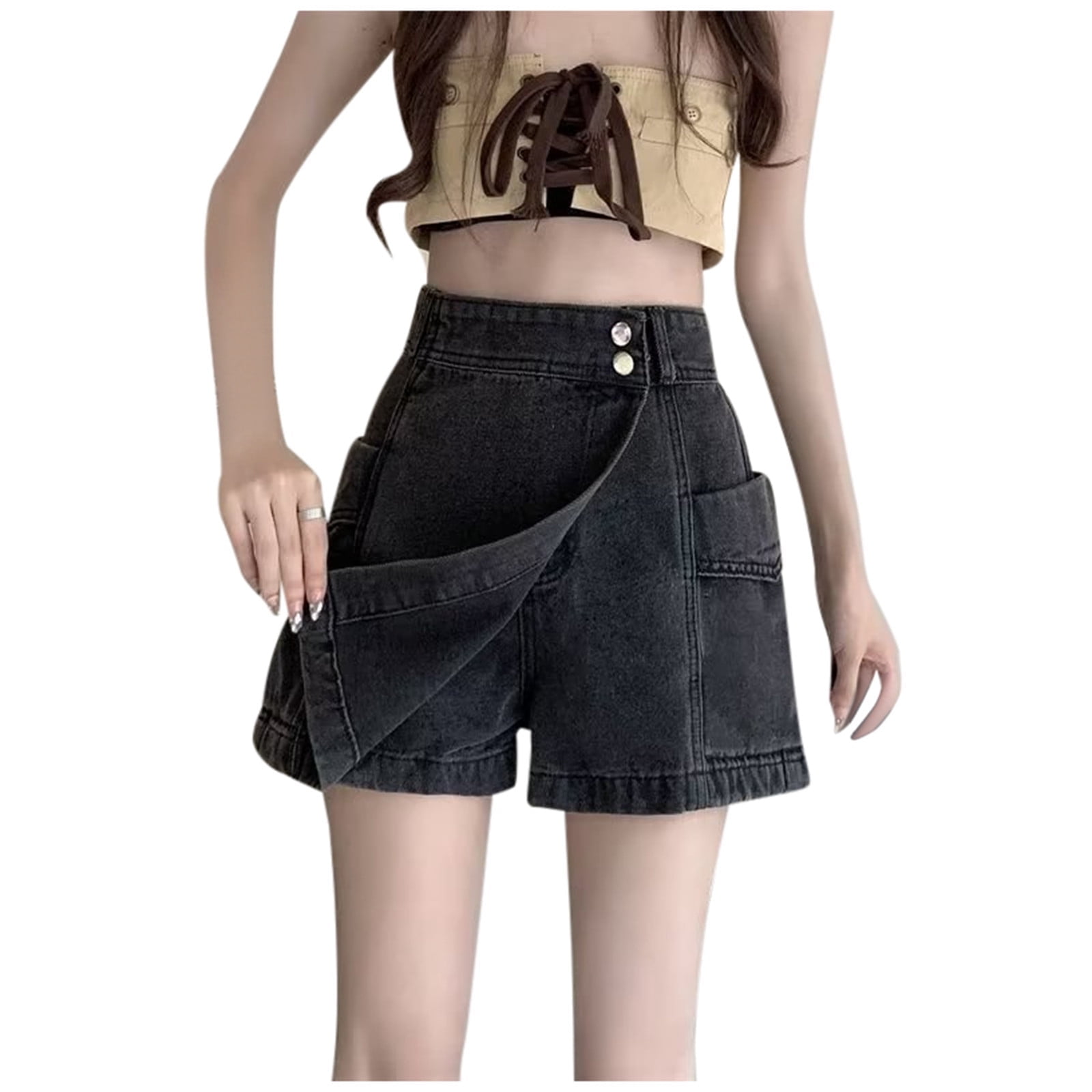 Womens Shorts Style Retro High Waisted Wrap Skirt Pockets Grey Short ...