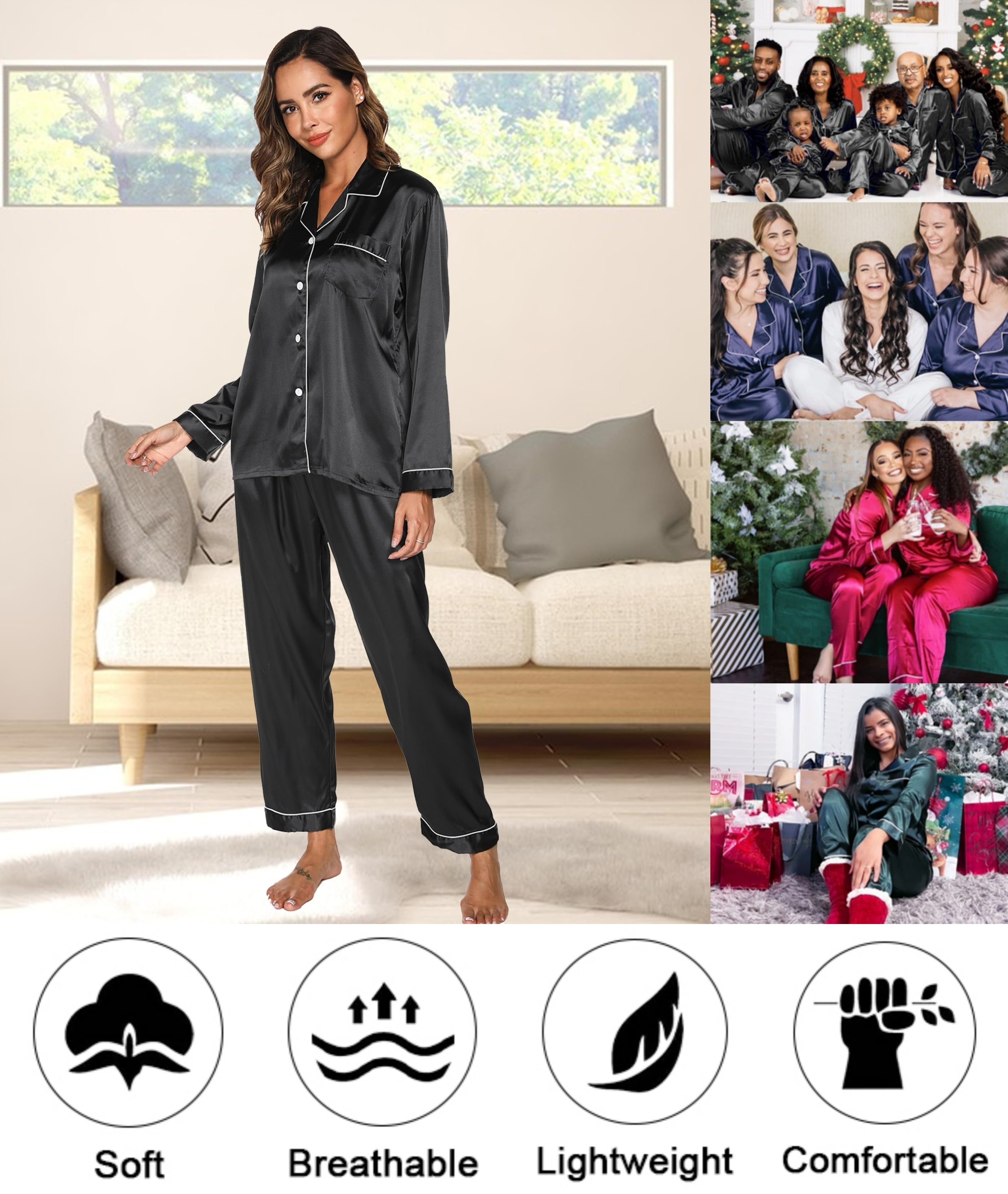 Womens Silk Pajama Sets Long Sleeve Satin Pajamas Set for Women Classic ...