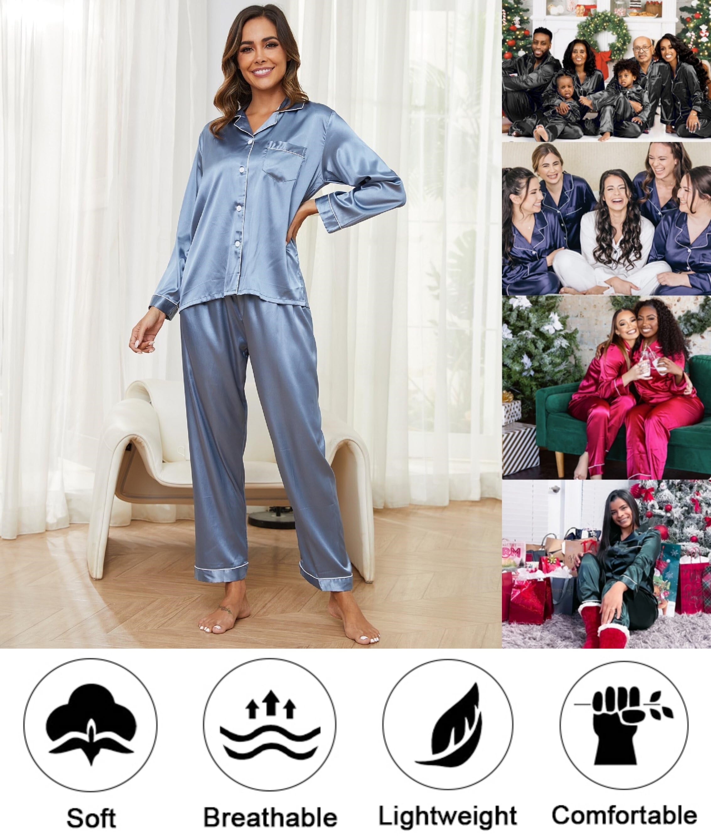 Womens Silk Pajama Sets Long Sleeve Satin Pajamas Set for Women Classic Button Down Silk Pajamas ...