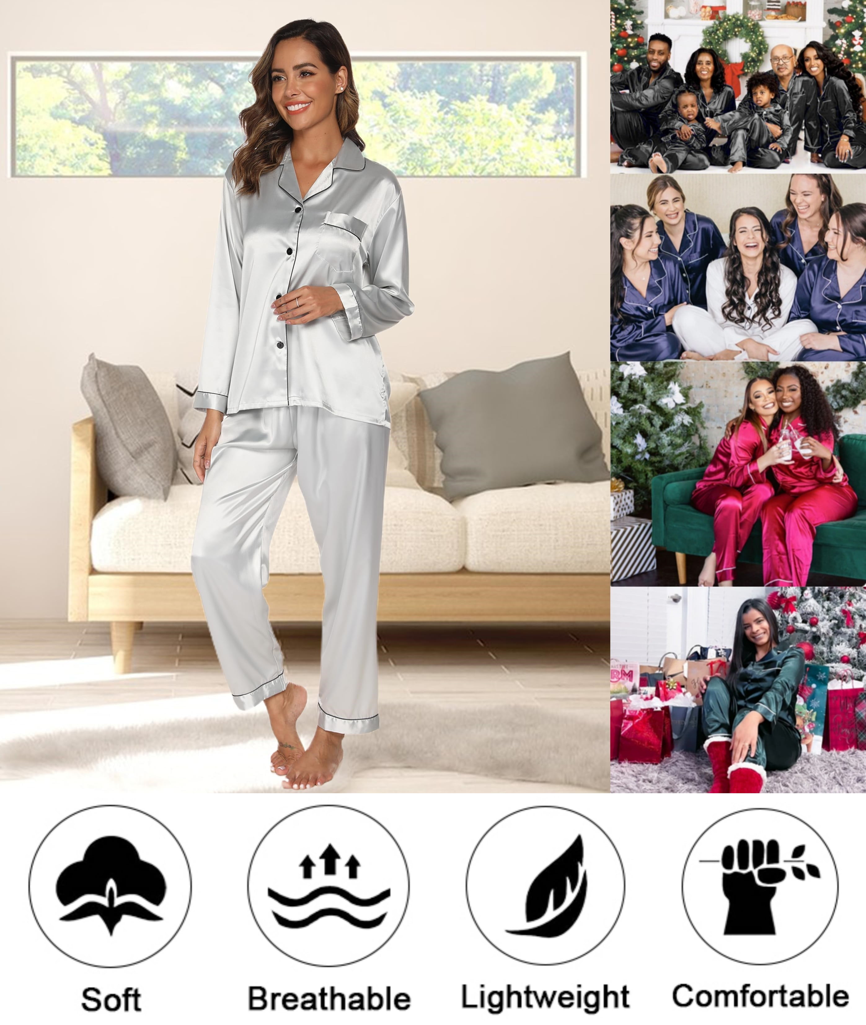 Womens Silk Pajama Sets Long Sleeve Satin Pajamas Set for Women Classic ...