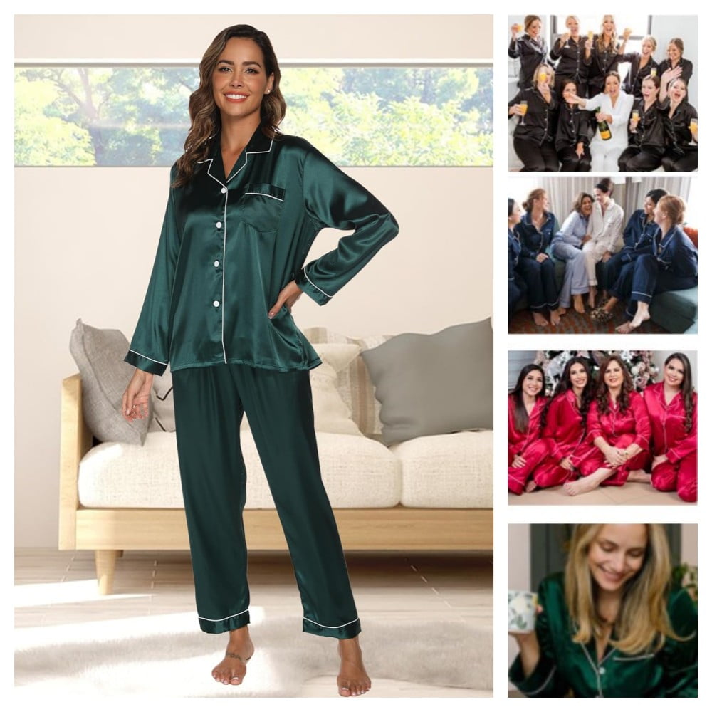 Womens Silk Pajama Sets Long Sleeve Satin Pajamas Set for Women Classic ...