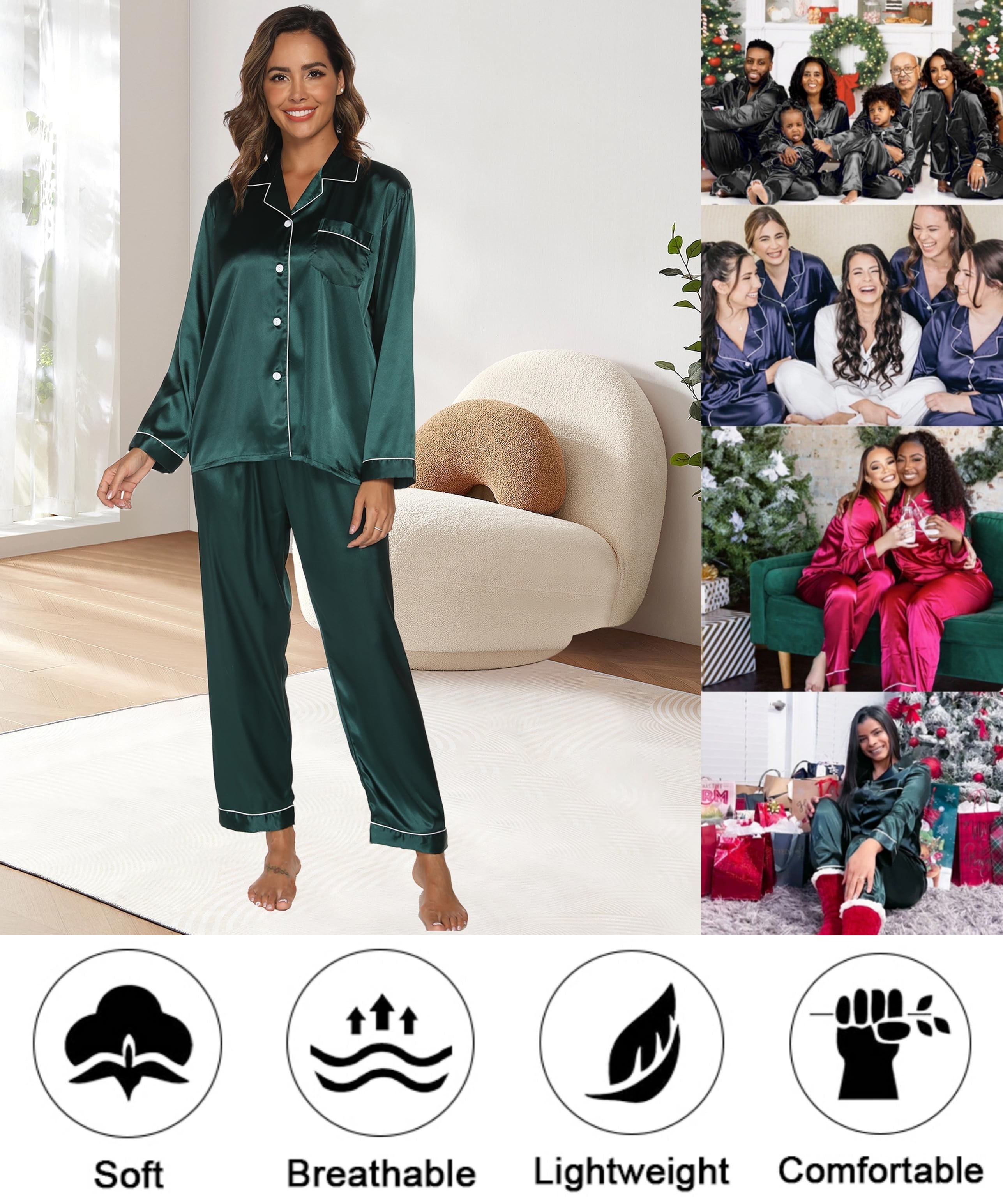 Womens Silk Pajama Sets Long Sleeve Satin Pajamas Set for Women Classic ...