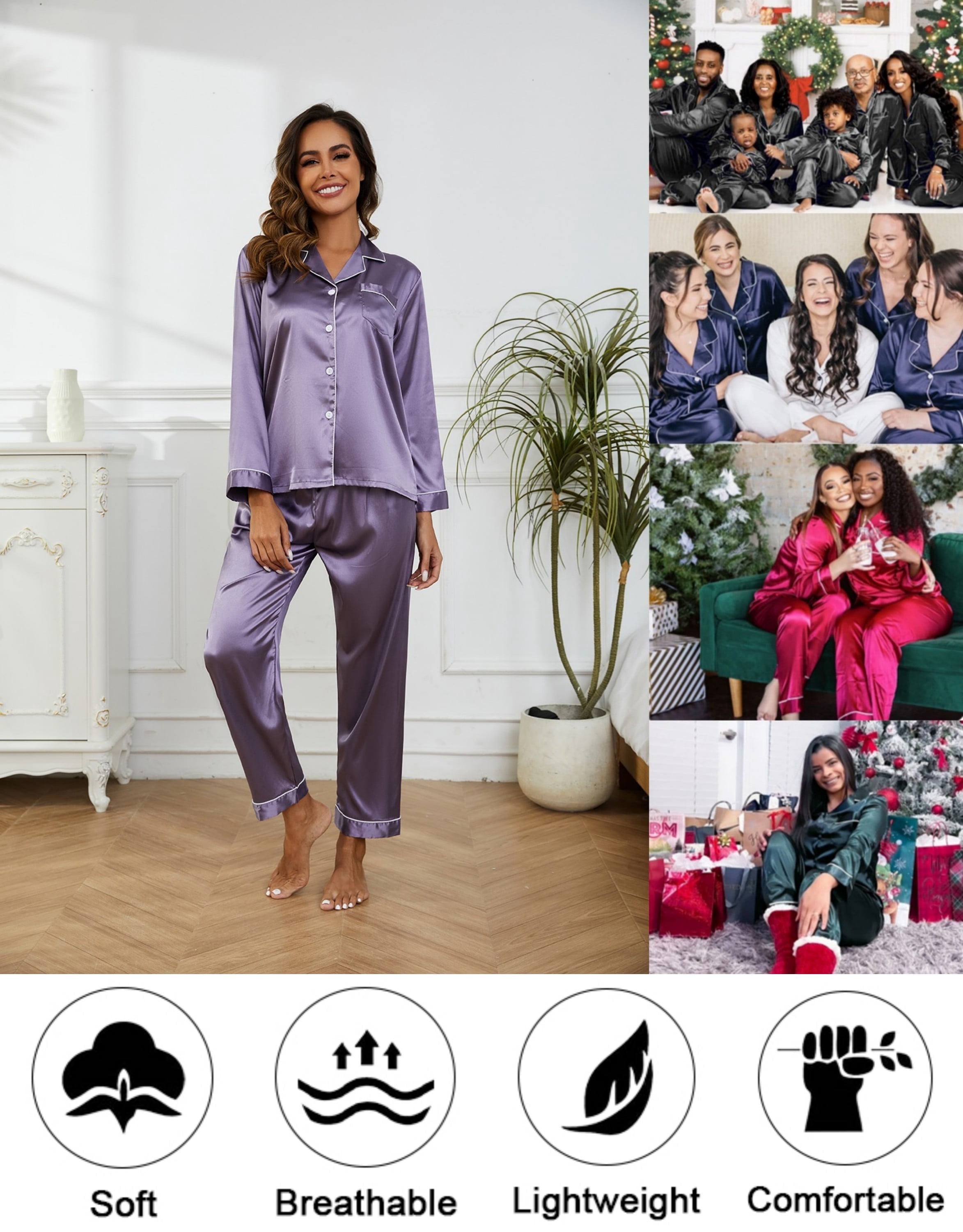 Womens Silk Pajama Sets Long Sleeve Satin Pajamas Set for Women Classic ...