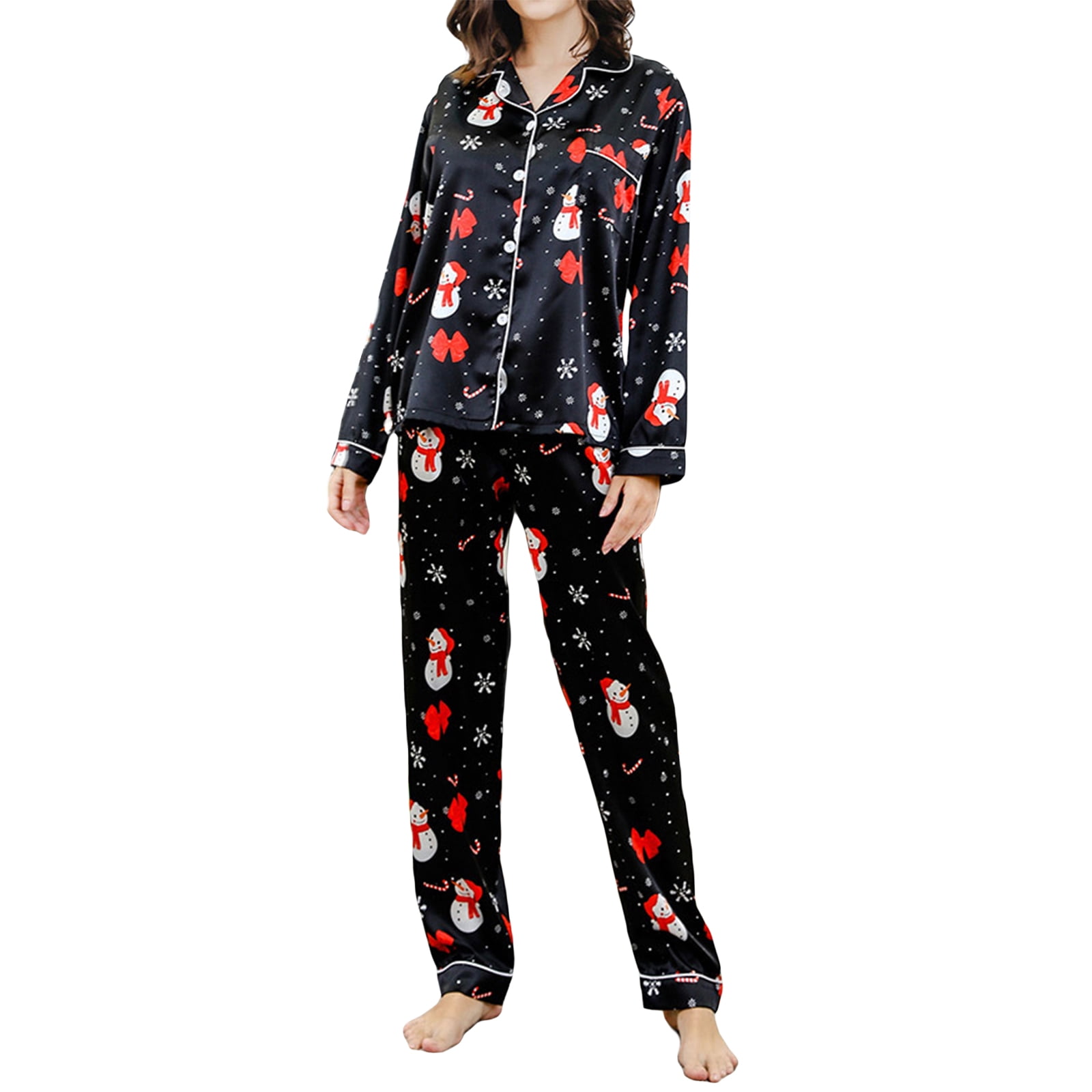 Womens Silk Pajamas Christmas Pj Long Sleeve Sleepwear Satin Soft ...