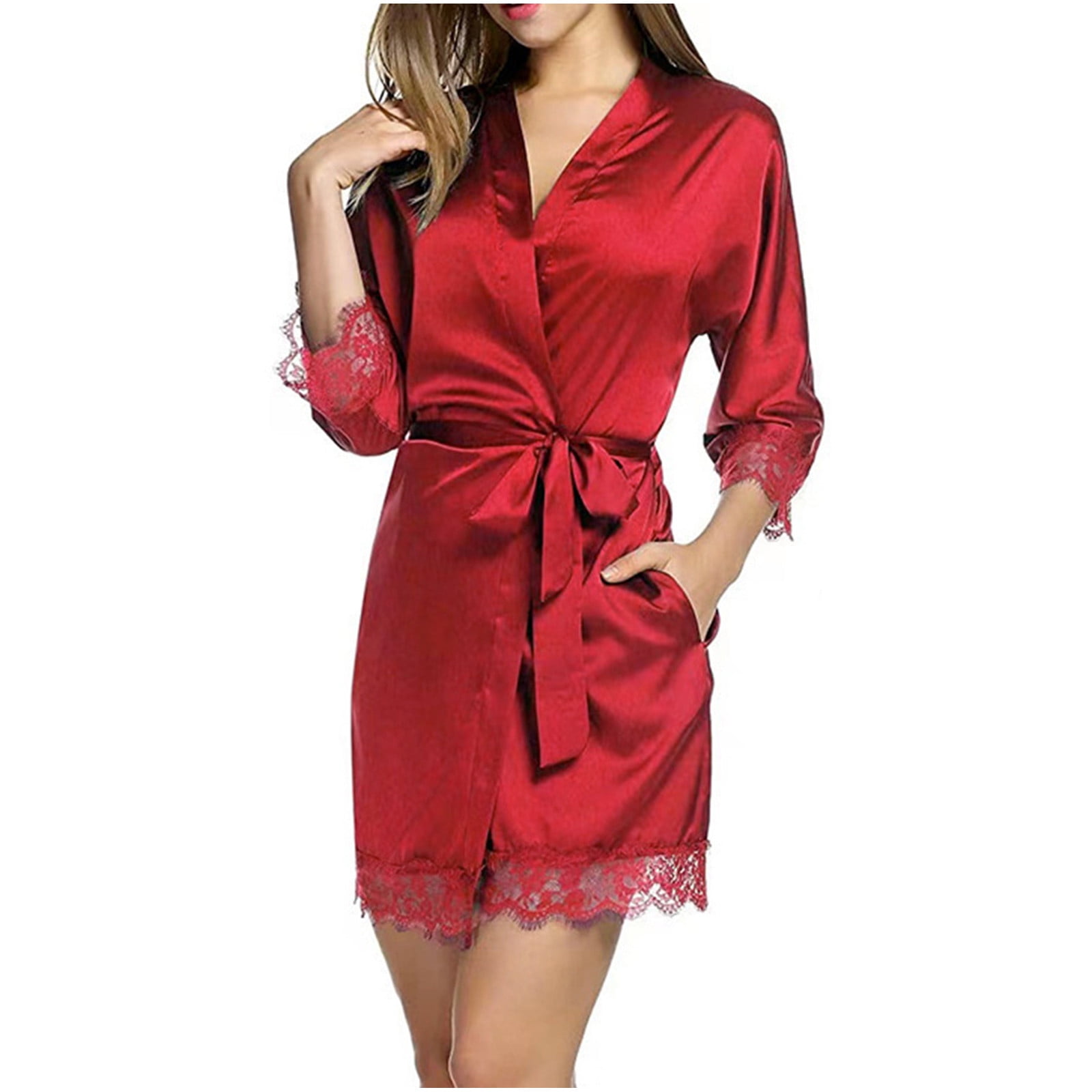 Womens Silk Robe Short Lace Trim Satin Robe 3/4 Sleeve Sexy Kimono ...