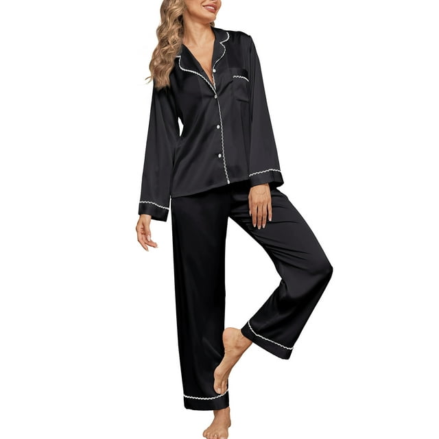 Womens Silk Satin Pajama Sets with Chest Pockets Notch Collar Two Piece ...