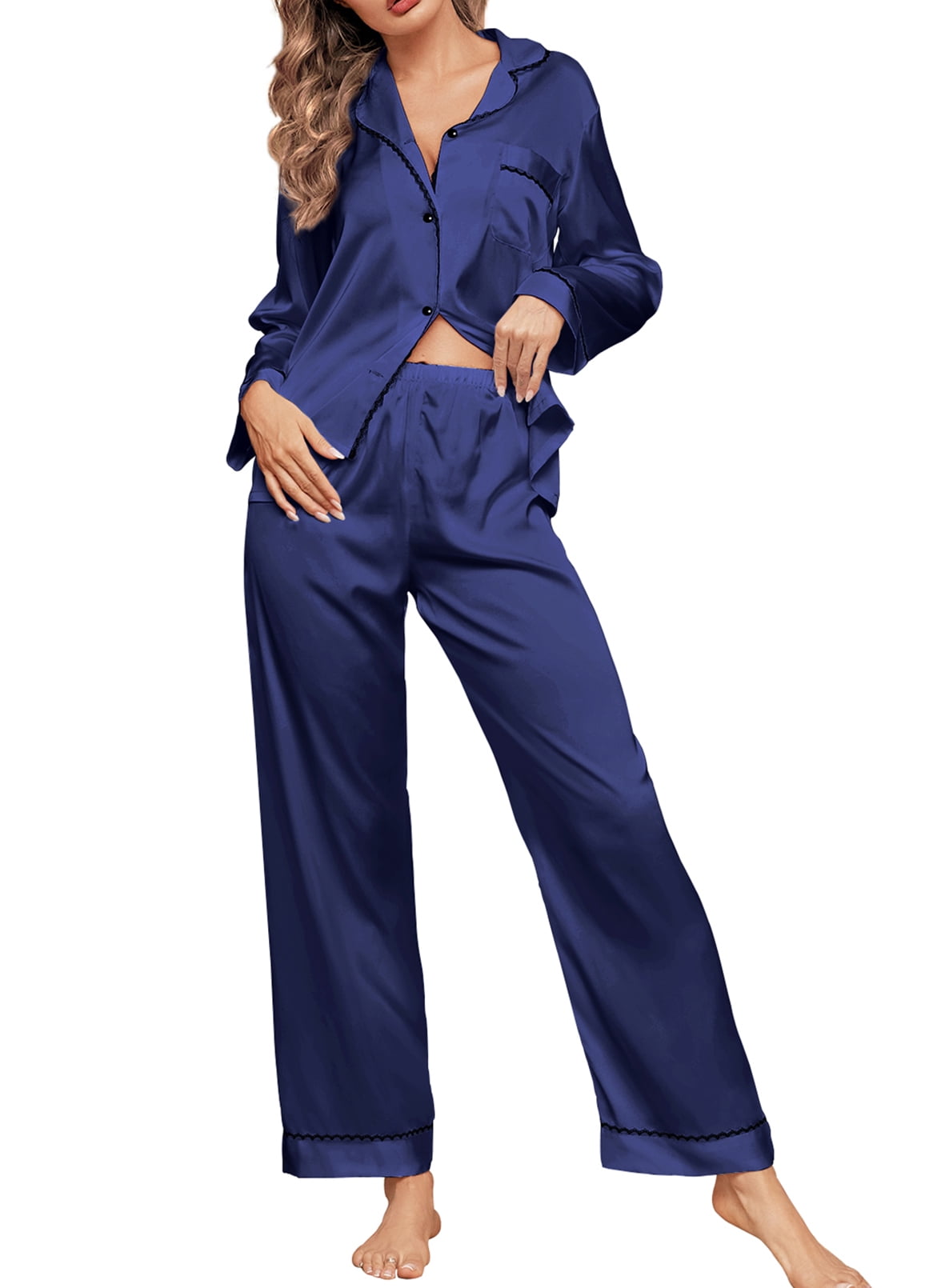 Womens Silk Satin Long Sleeve Pajama Sets with Chest Pockets, Notch ...