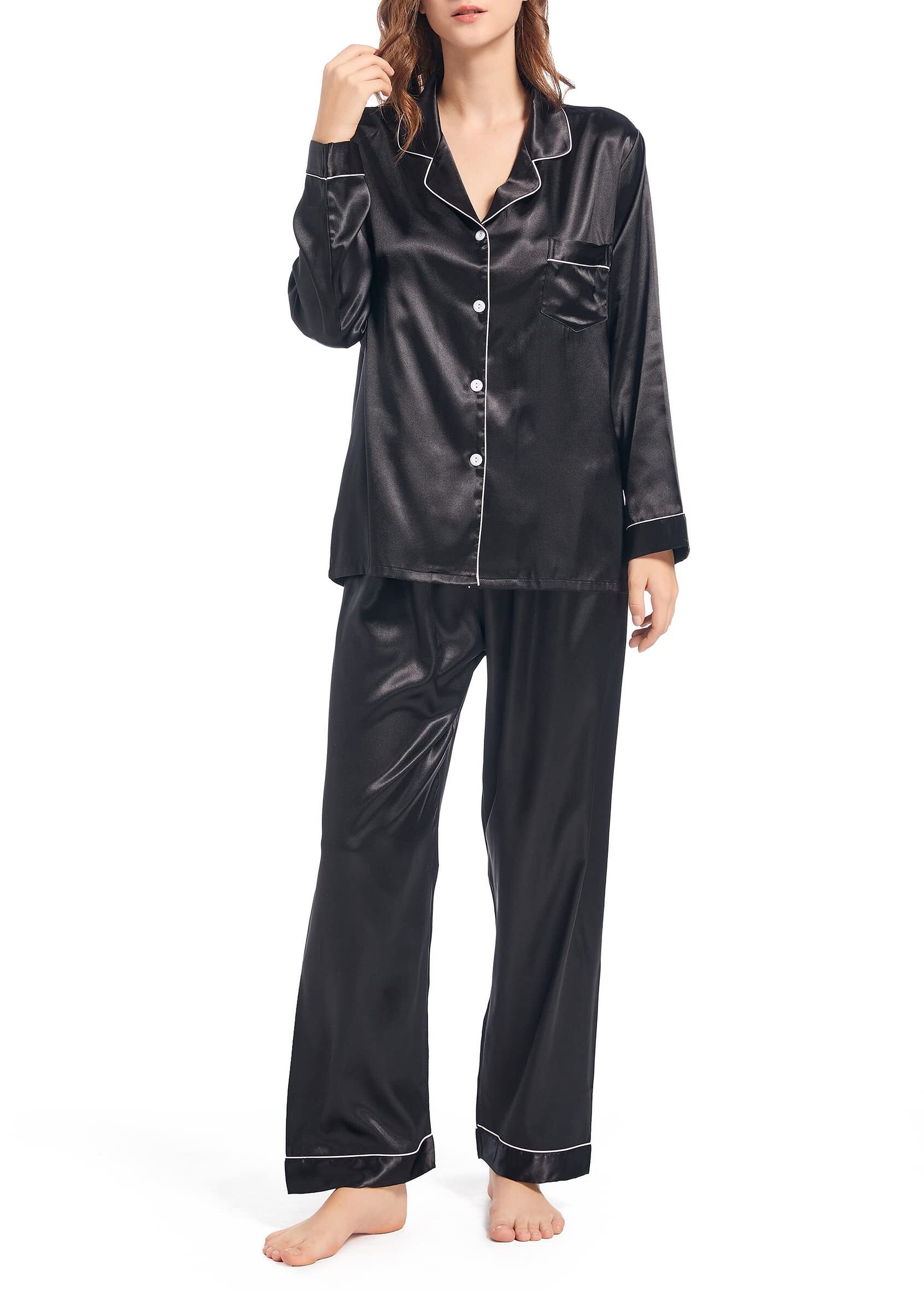 RYDCOT Women Silk Satin Pajamas Set Sleepwear Loungewear Button-Down ...