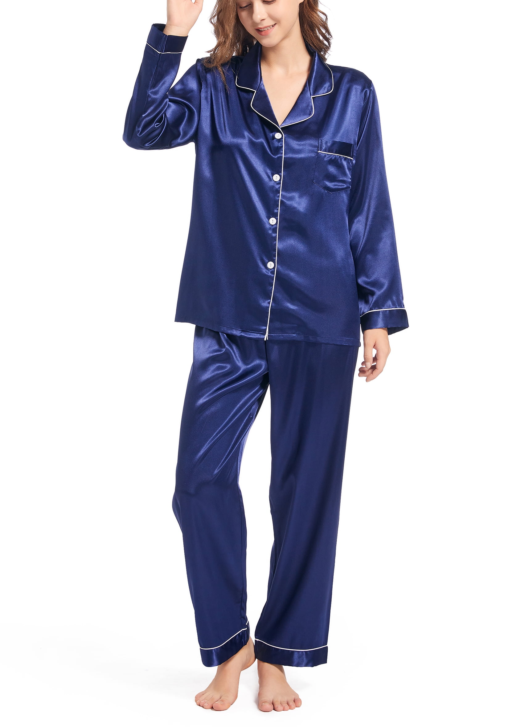 Finvizo Womens Silk Satin Pajamas Long Sleeve Set Two-piece Sleepwear ...