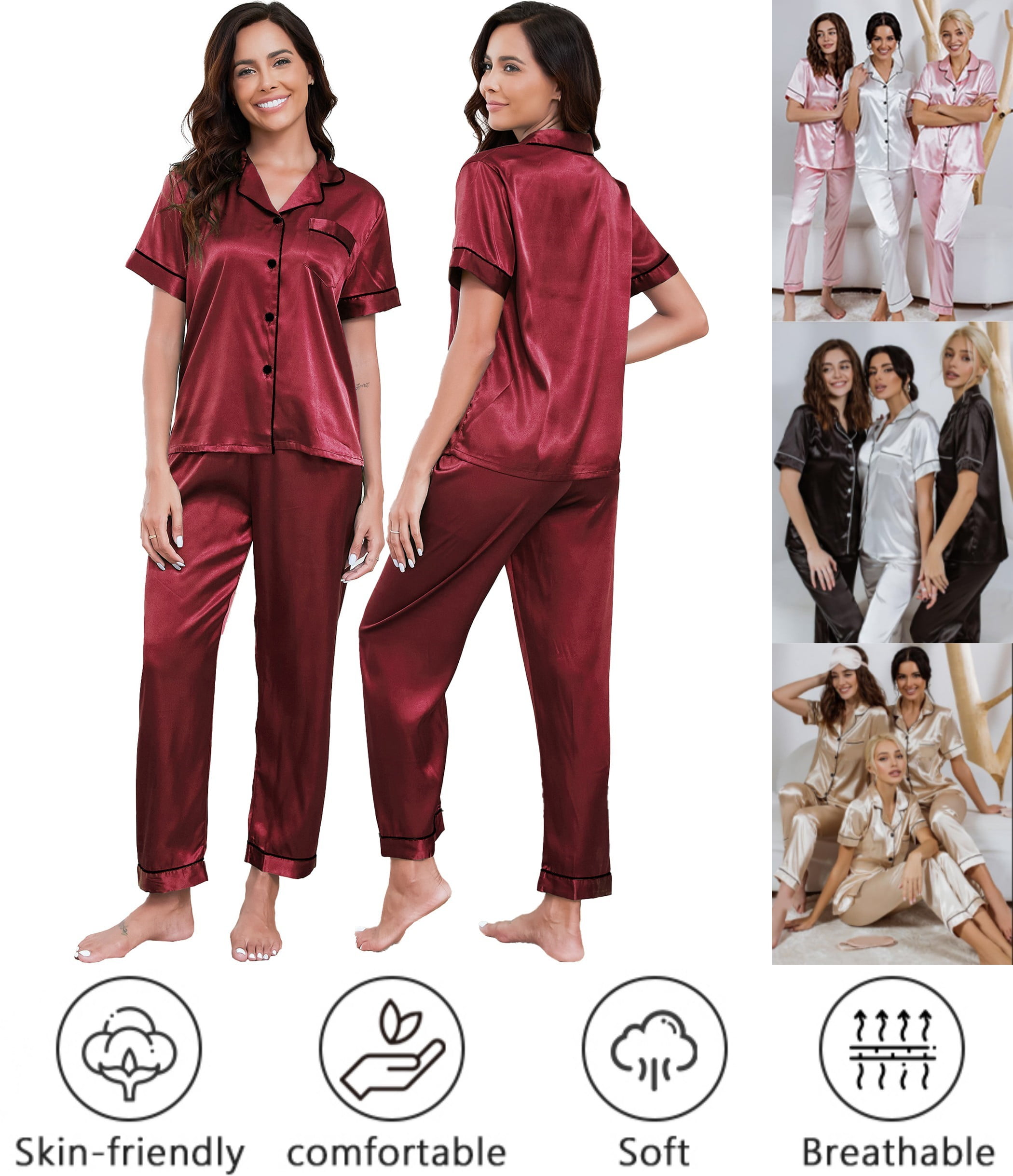 Womens Silk Satin Pajamas Set 2pcs Short Sleeve Button Down Pajama Set ...