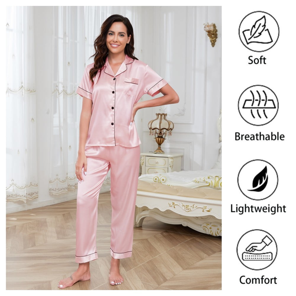 Womens Silk Satin Pajamas Set 2pcs Short Sleeve Button Down Pajama Set Womens Satin Sleepwear ...