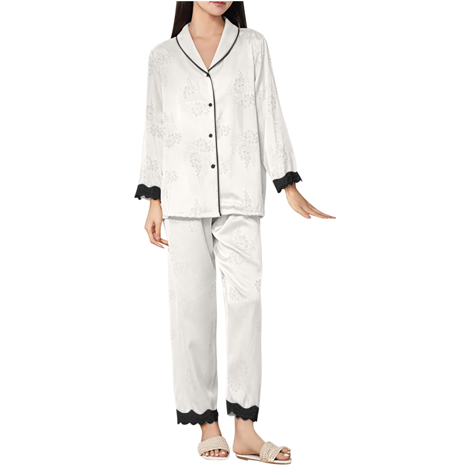 Womens Silk Satin Pajamas Set Long Sleeve Pj Set Two Piece Sleepwear ...