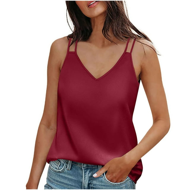 Womens Silk Satin Tank Tops V Neck Camisole Cami Double Spaghetti Strap Top Summer Basic Blouse ...