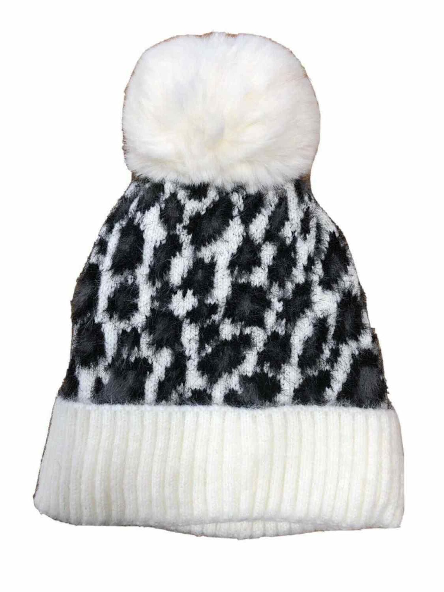 Womens Silky Soft Black & White Leopard Print Beanie Hat Knit Stocking ...