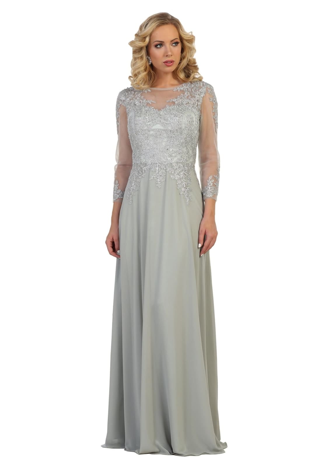 Womens Silver Mother Of The Bride Evening Long Boat Neck 3/4 Sleeves A ...