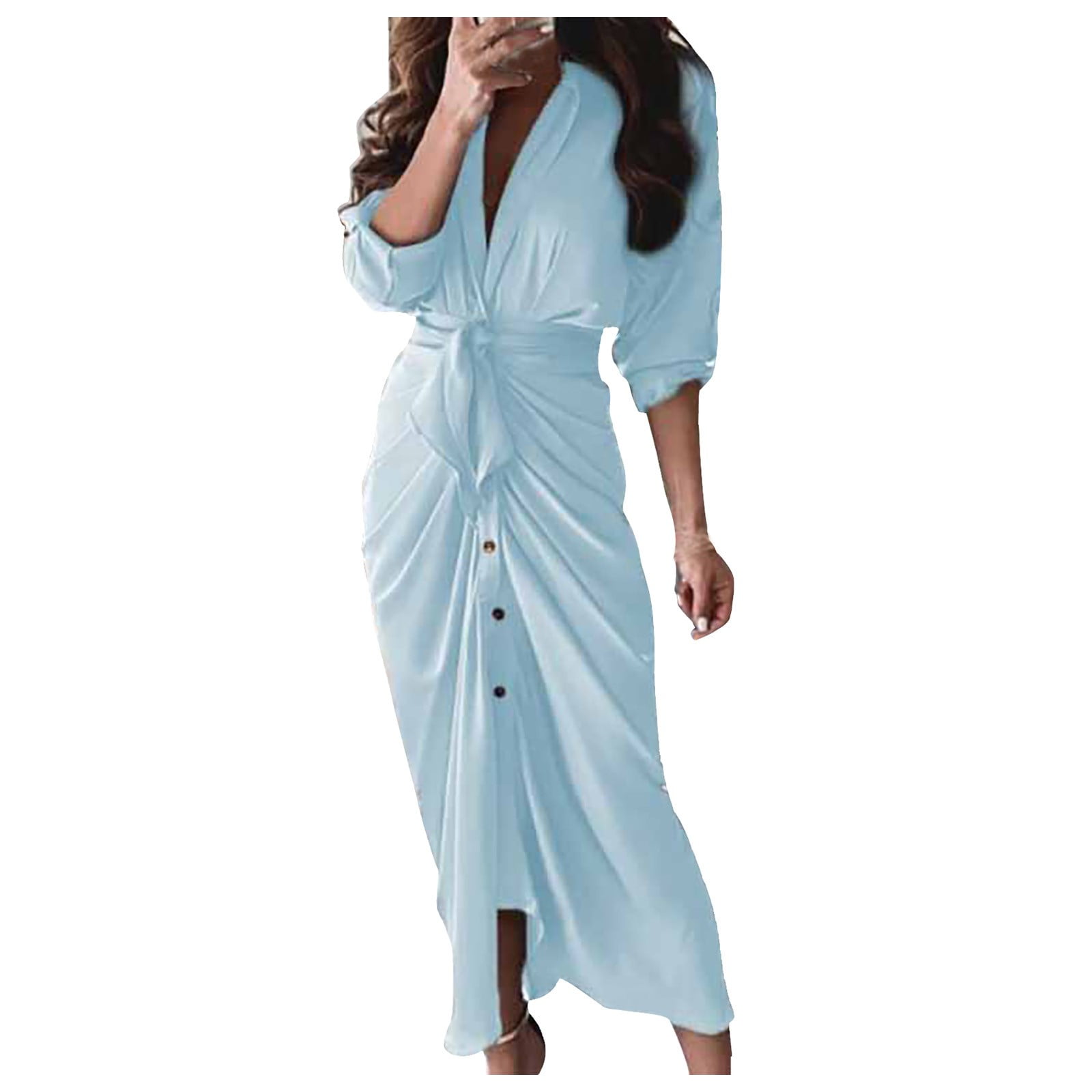 Womens Skirts Causal Ruched Shirt Long Sleeve Button Belted office ...