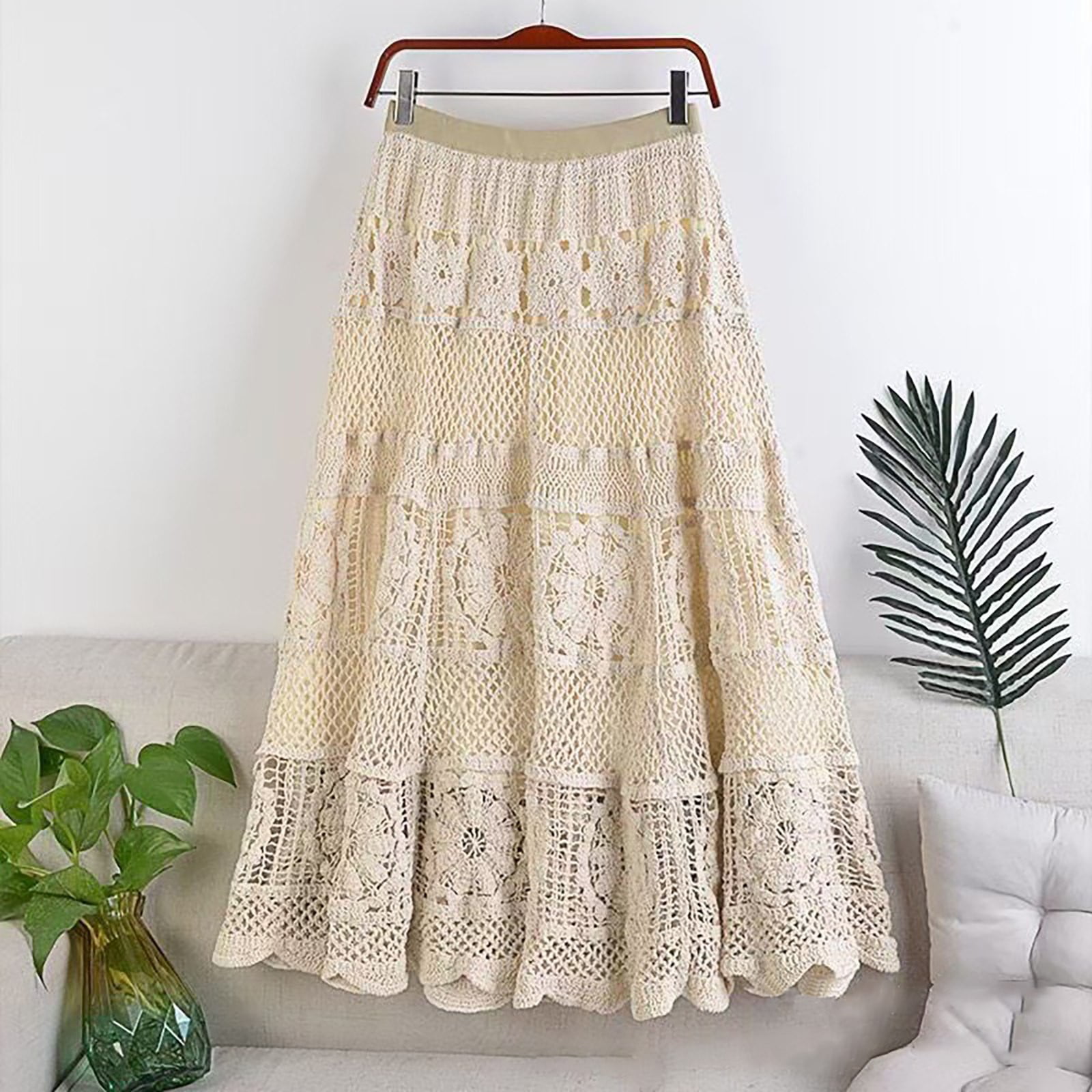 Womens Skirts Elegant Crochet Lace Midi Sheer Mesh Overlay Bohemian ...