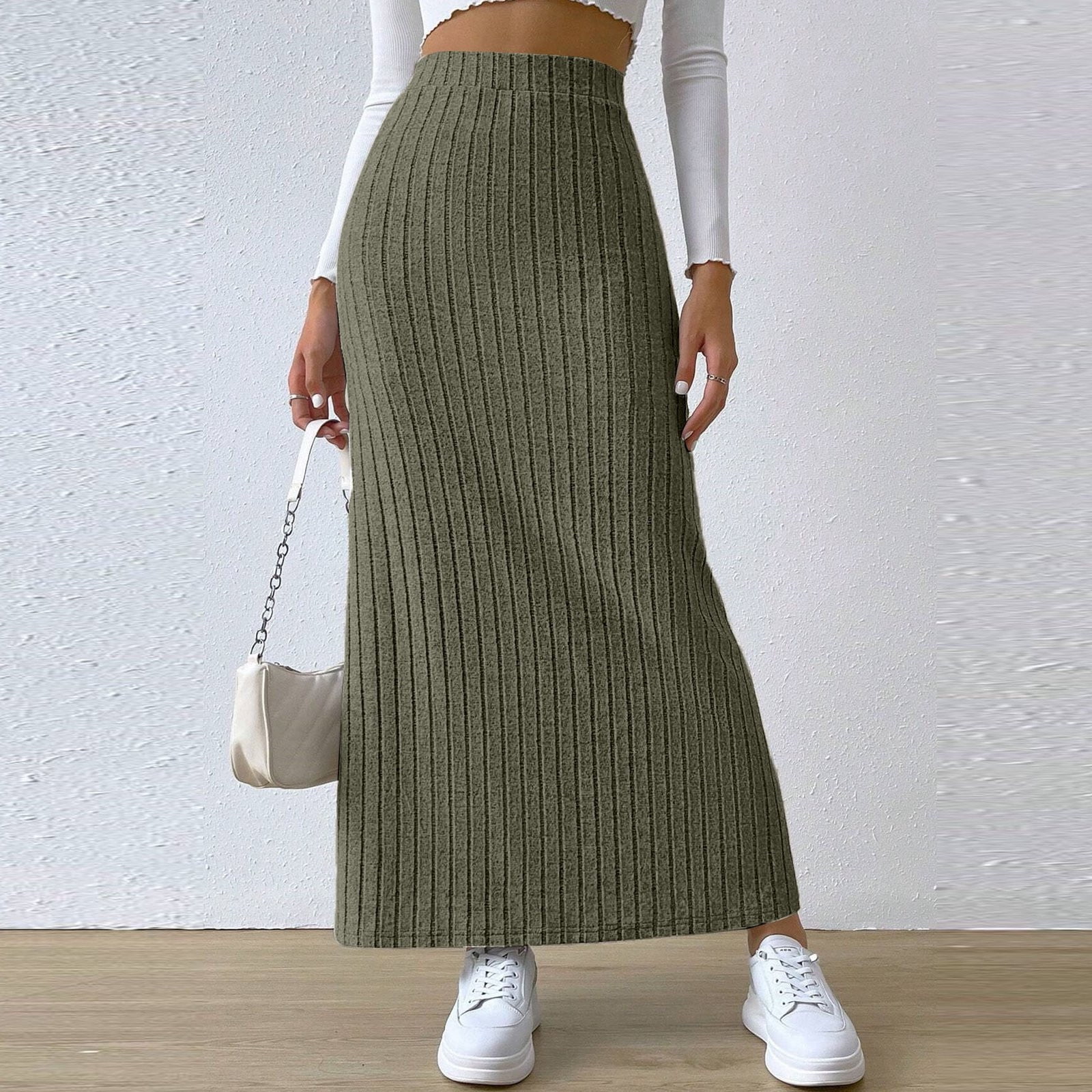 Womens Skirts High Waist Stretchy Rib Knit Split Slit Hem Midi Pencil ...