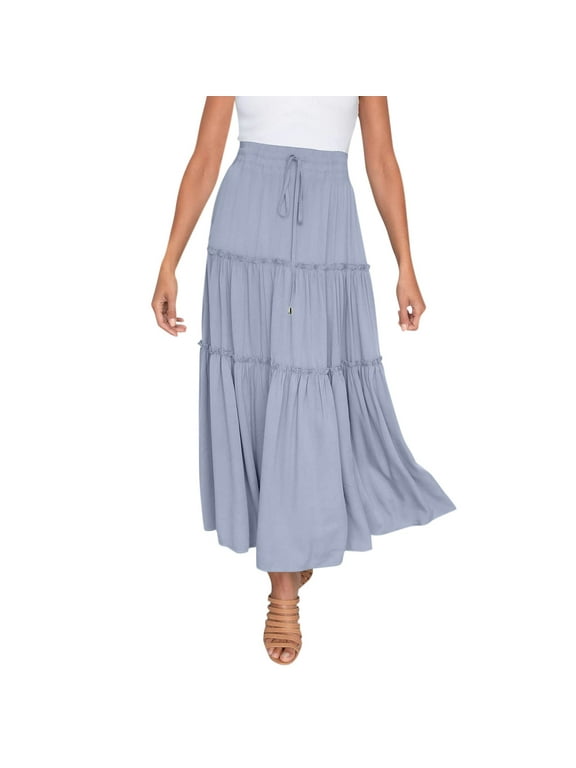 BRDFRL Maxi Skirt for Women Floral Boho Flowy Pleated Tiered Ruffle ...