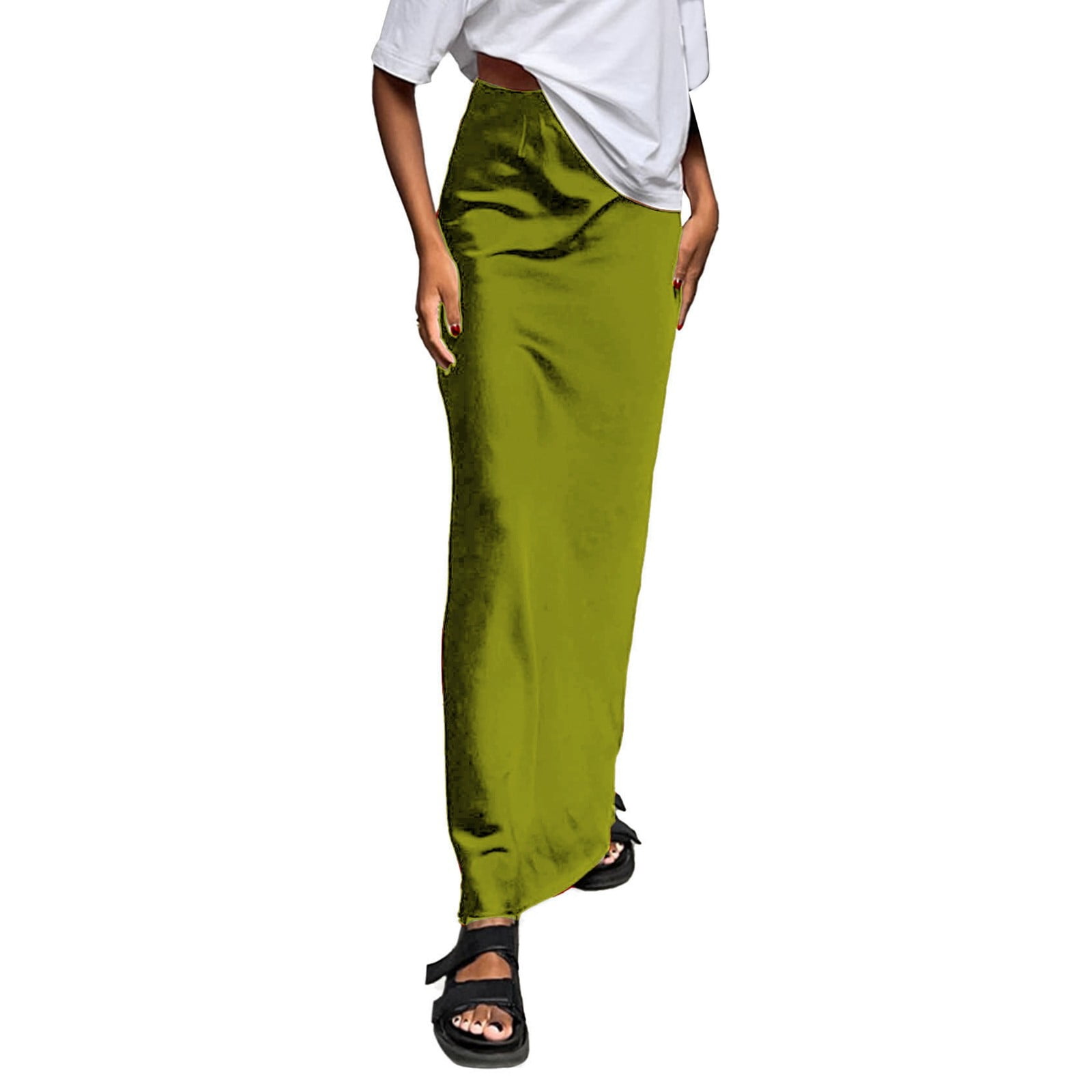 Womens Skirts Solid Color Satin Ice Silk Long Pencil Skirt High Waist Work Business Bodycon Maxi