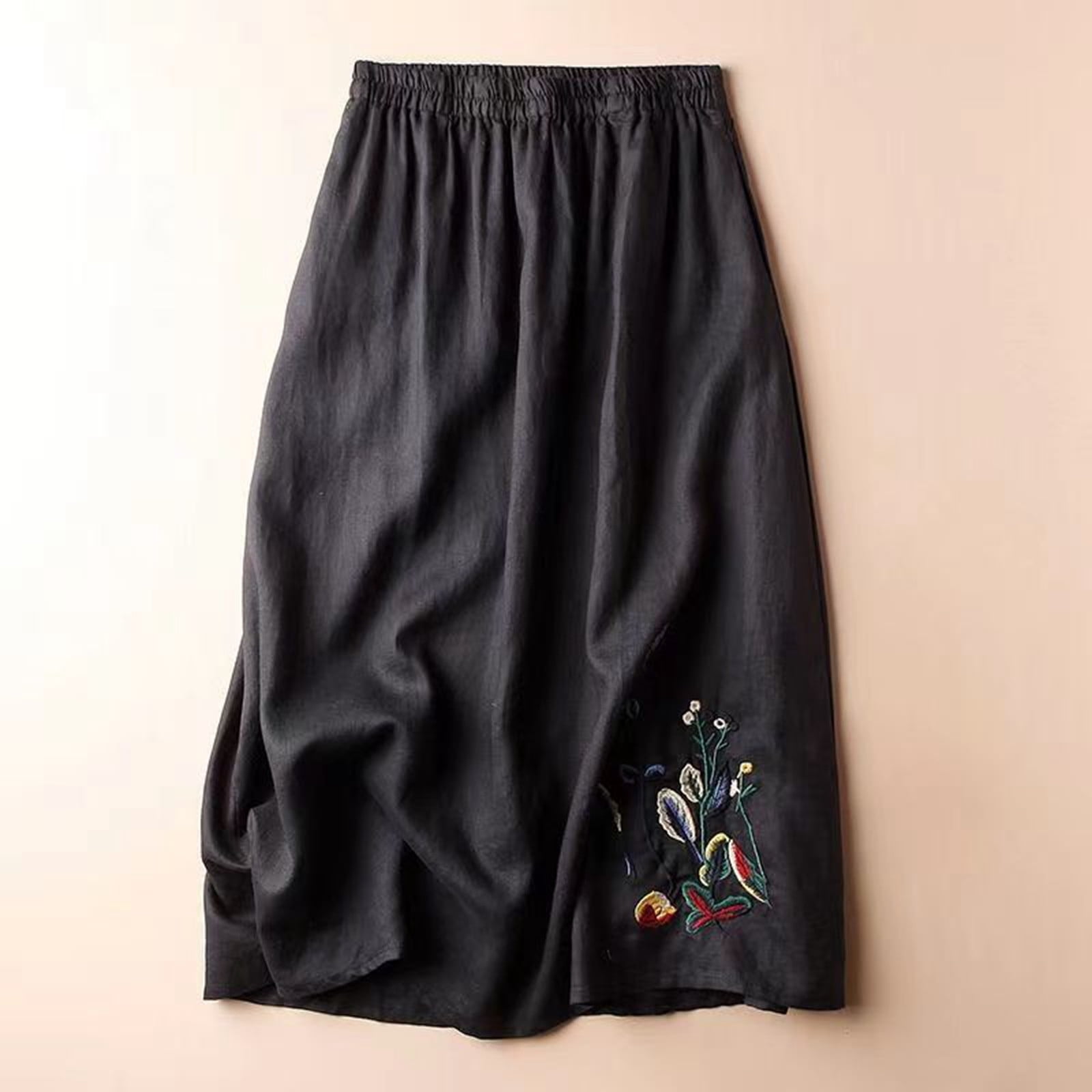 Womens Skirts Vintage Floral Embroidered Cotton Linen Summer A Line ...
