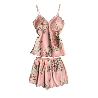 Nituyy 2Pcs Women Satin Silk Sleepwear Lace V Neck Pyjamas Set ...