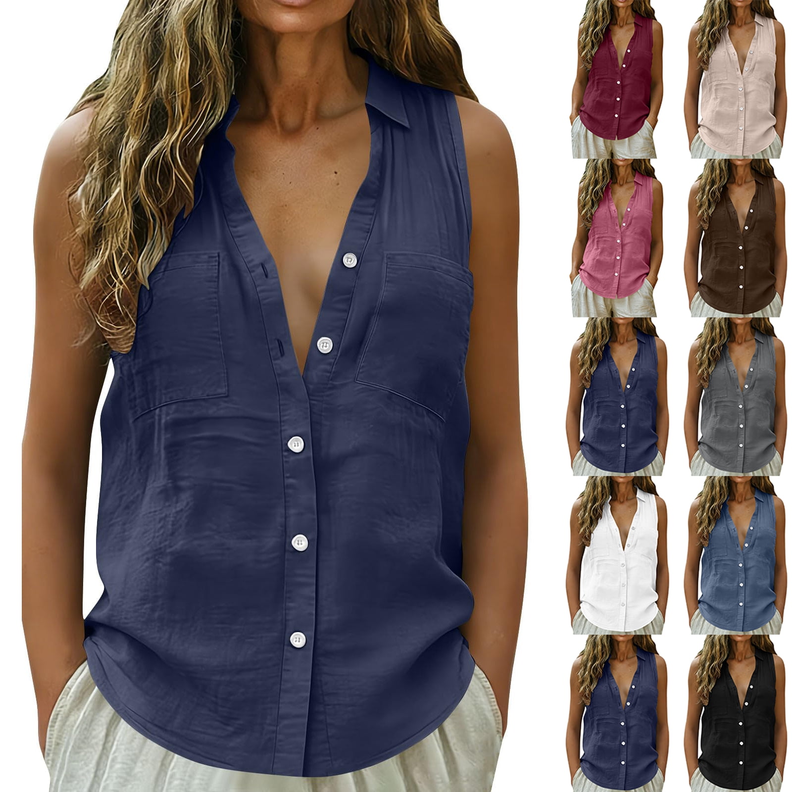 Womens Sleeveless Button Down Shirt Collar Cotton Linen Blouse Summer ...