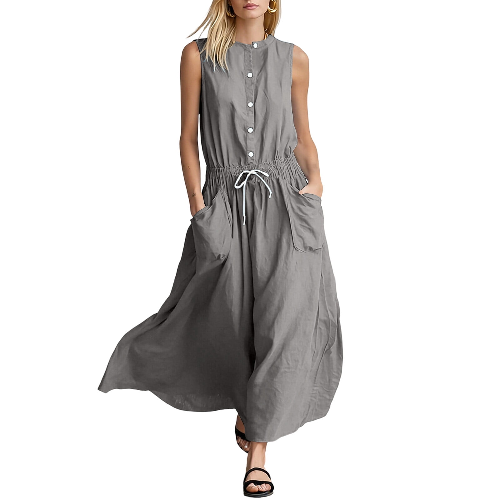 Womens Sleeveless Button Midi Dress A-Line Drawstring Waist Loose ...
