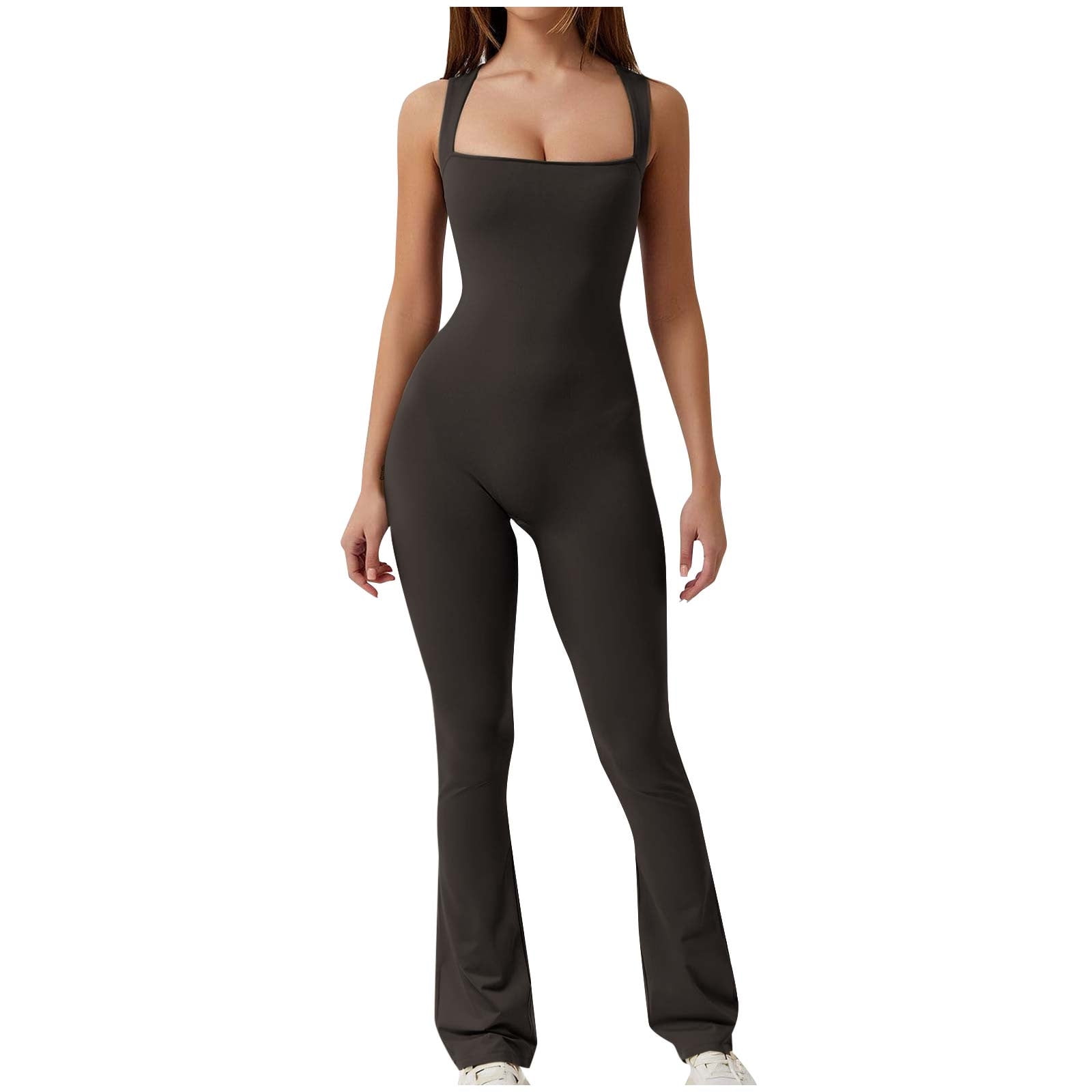 Womens Sleeveless Flare Jumpsuit Square Neck Bodycon One Piece Leggings
