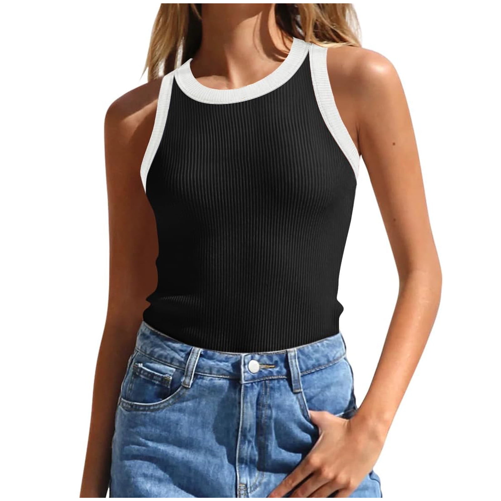 Womens Sleeveless High Neck Tank Tops Summer Casual Basic Slim Fit ...
