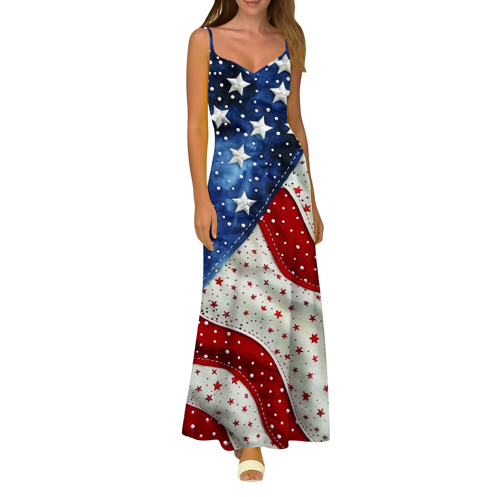 Womens Sleeveless Spaghetti Straps Maxi Dress Stars Stripes 4th of July ...