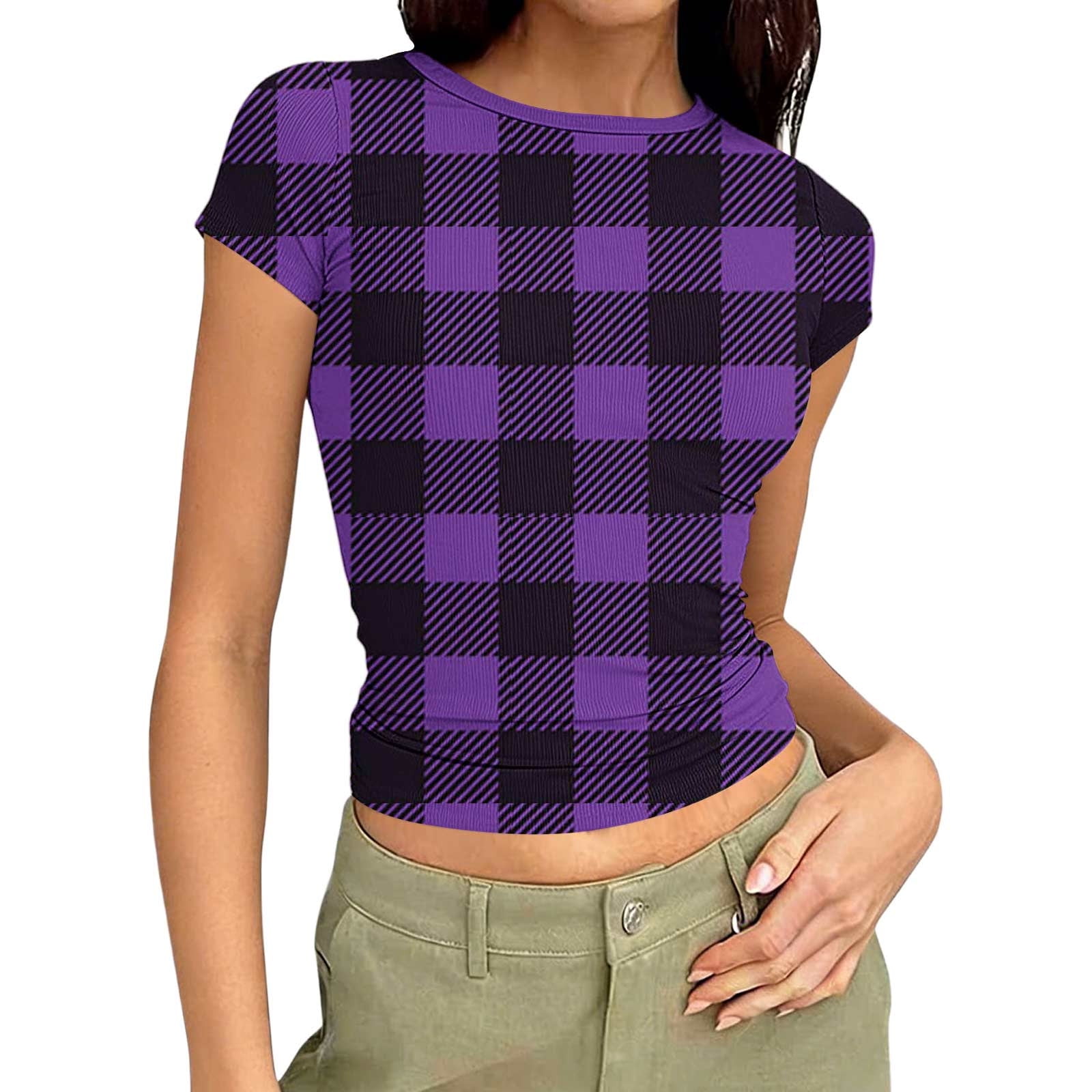 Womens Slim Fit Crop Tops Short Sleeve Ribbed Knit T-shirts Crew Neck ...