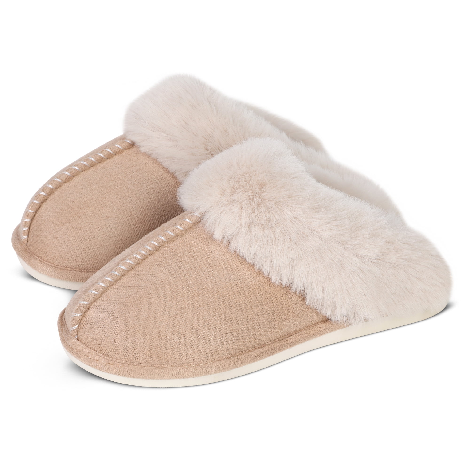 JANERIW Womens Fluffy Memory Foam Cozy Slip On House Slippers Khaki ...