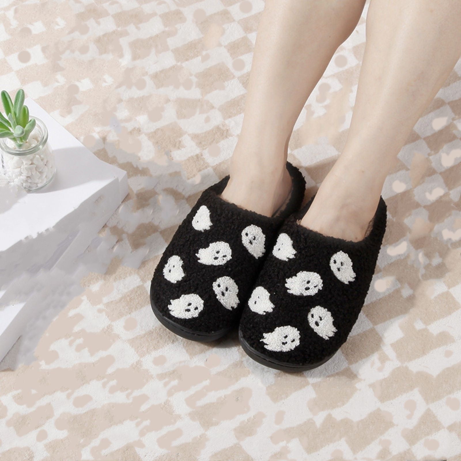 Womens Slippers Halloween Ghost Cotton Slippers Winter Warm Padded Warm ...