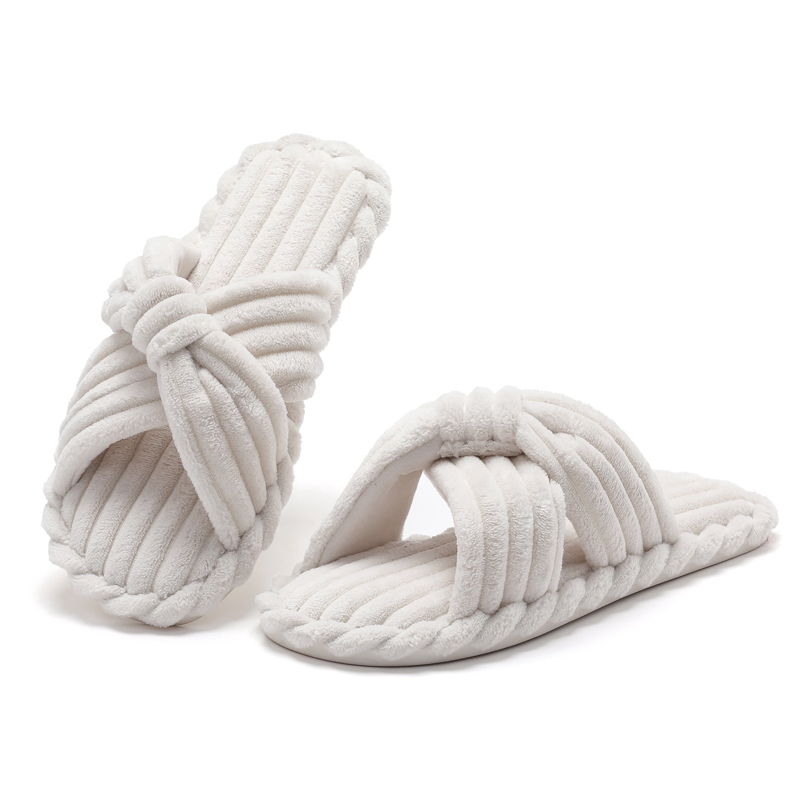 Womens Slippers House Memory Foam Corduroy Flats Bow Crossbands Open ...