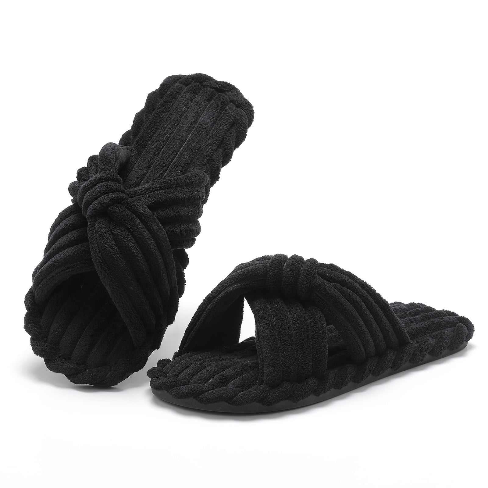 Womens Slippers House Memory Foam Corduroy Flats Bow Crossbands Open ...