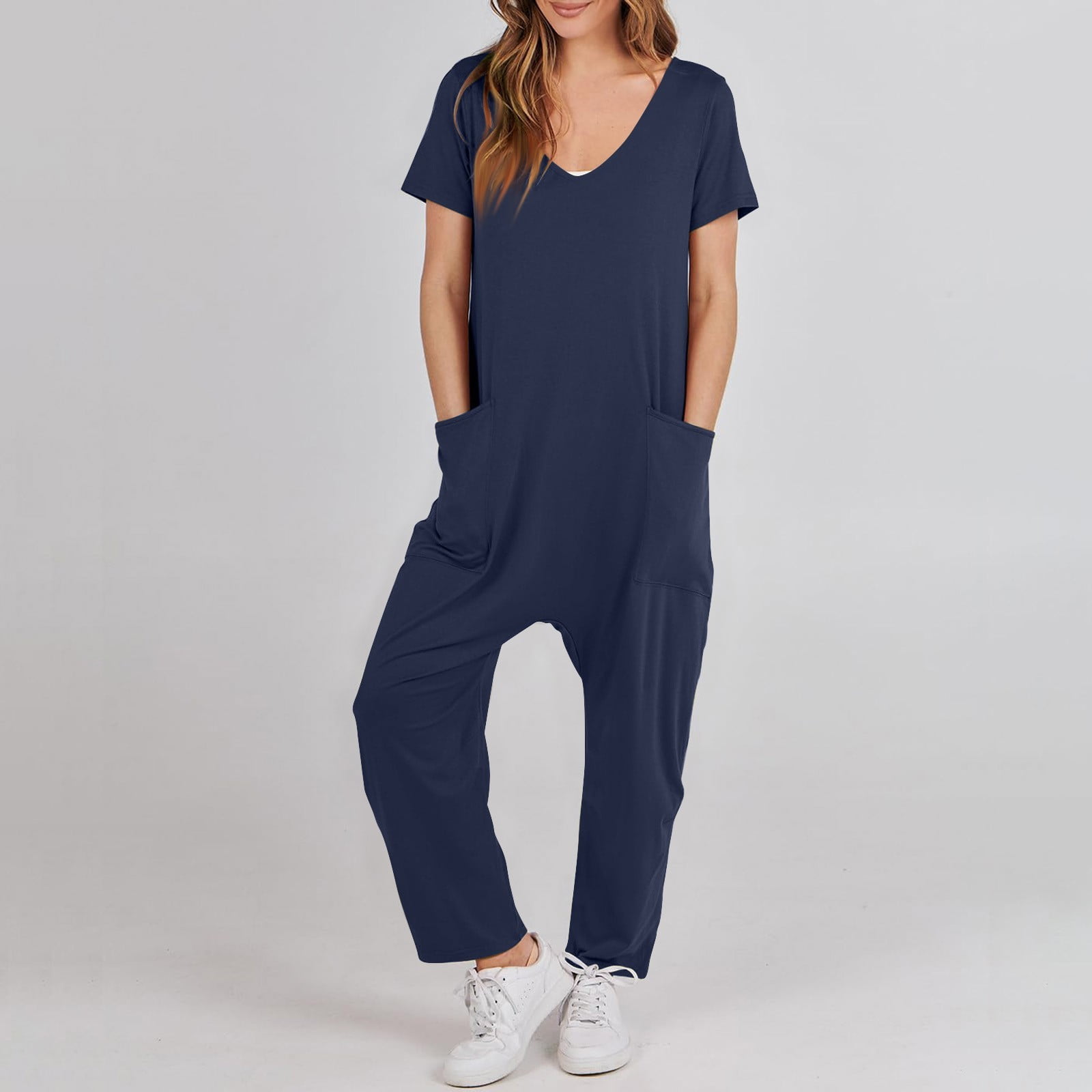 Womens Slouchy Jumpsuits Stretchy Tee Harem Rompers Short Sleeve V Neck ...