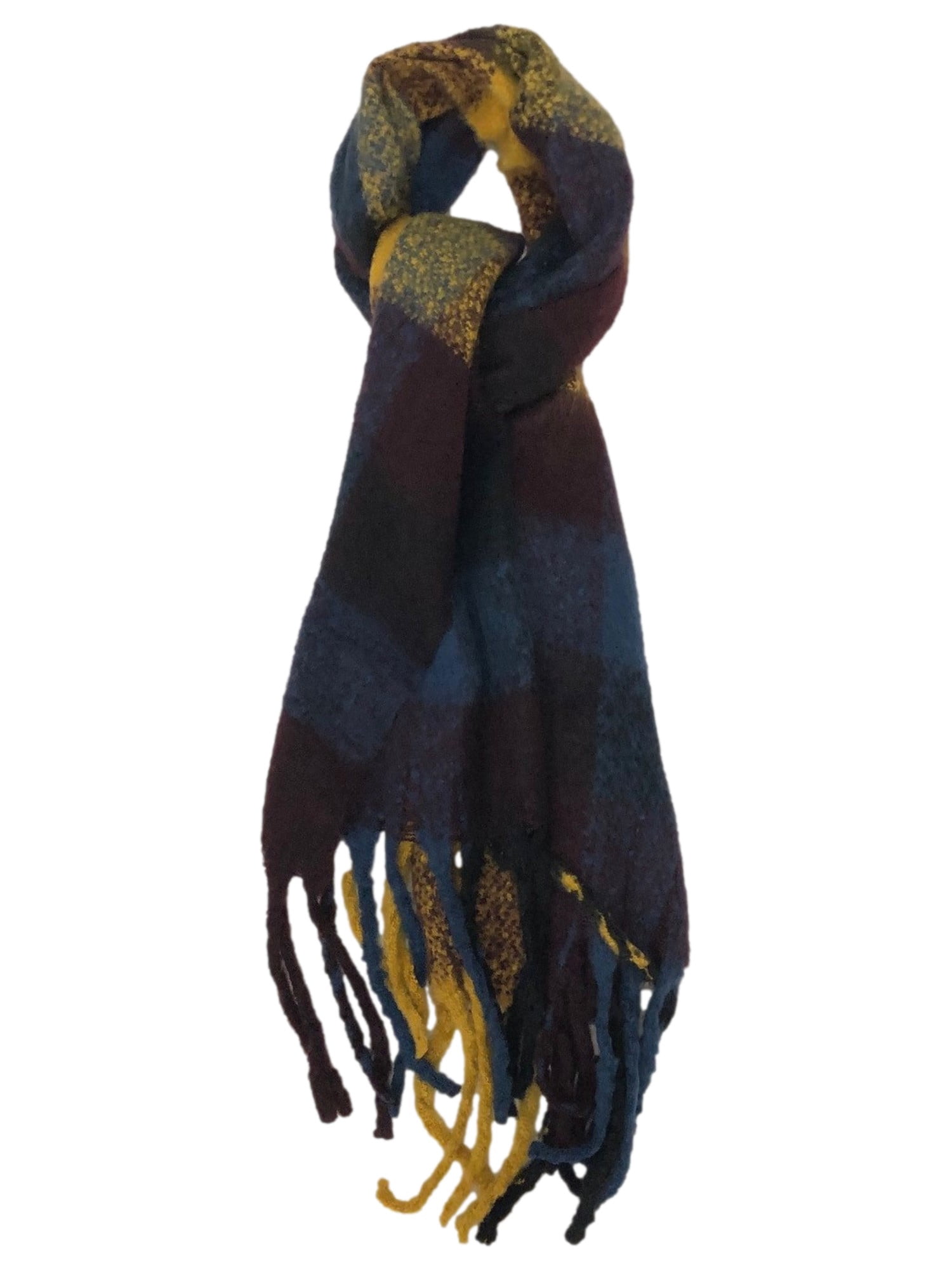 Womens Soft Blue Yellow & Burgundy Fringe Jewel Tone Blanket Scarf ...