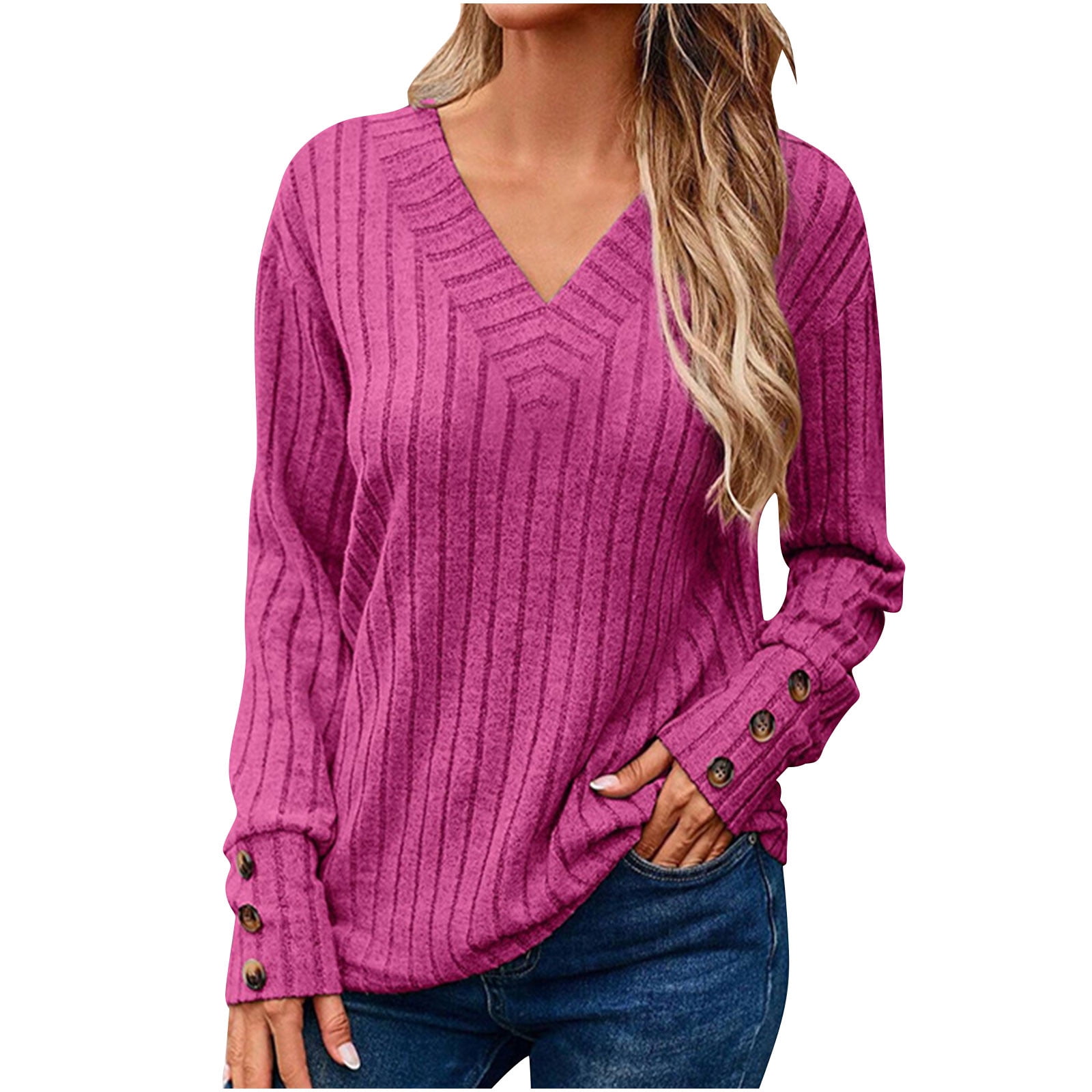 Womens Soft Long Sleeve V Neck Shirts Solid Casual Decorative Buttons Knitted Sweater Pullover ...