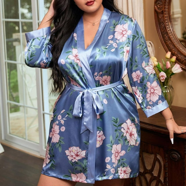 Womens Soft Pajama Clearance- Bathrobes Printed Sexy Silk Satin Plus ...